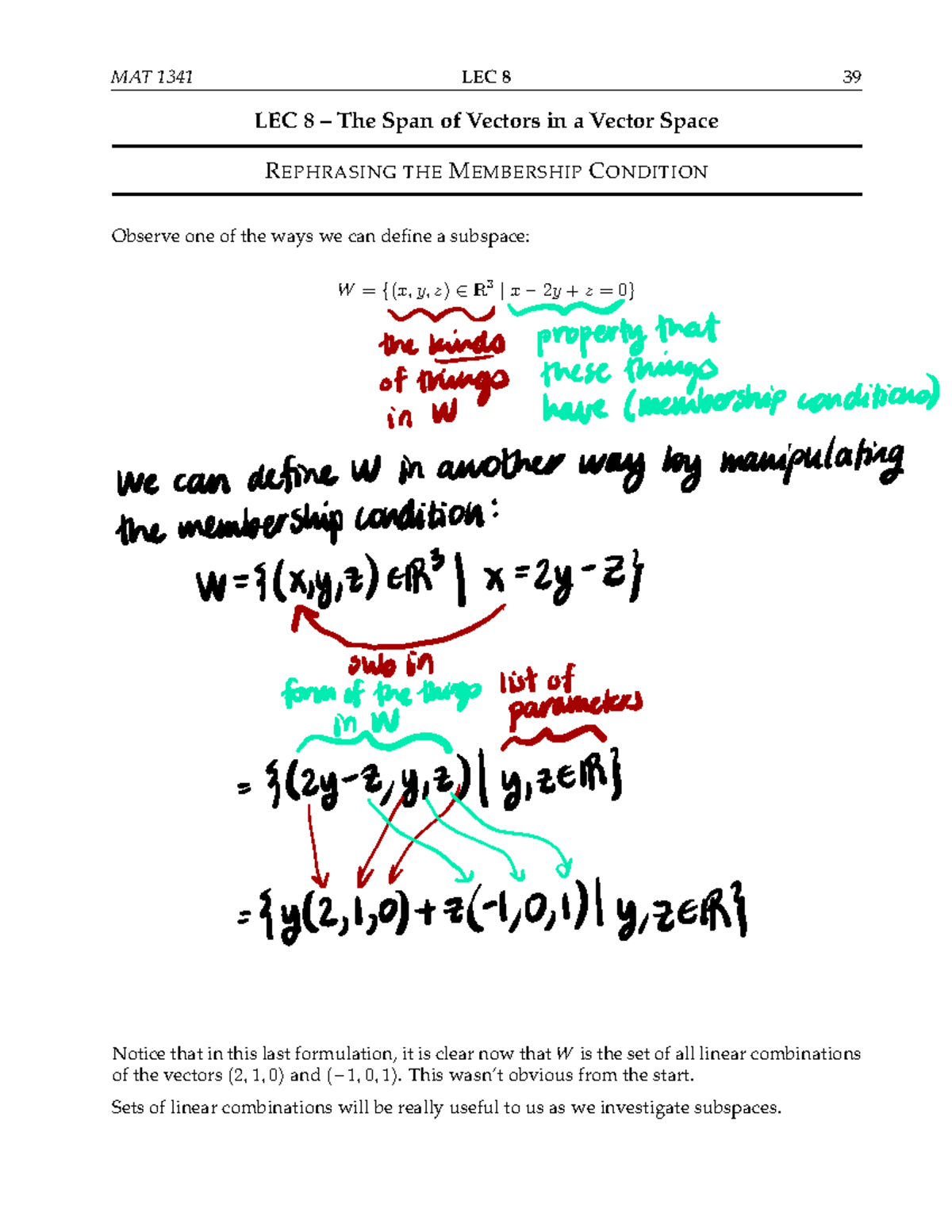 MAT 1341 Lecture 8 Filled - MAT 1341 LEC 8 39 LEC 8 – The Span of Vectors in a Vector Space ...