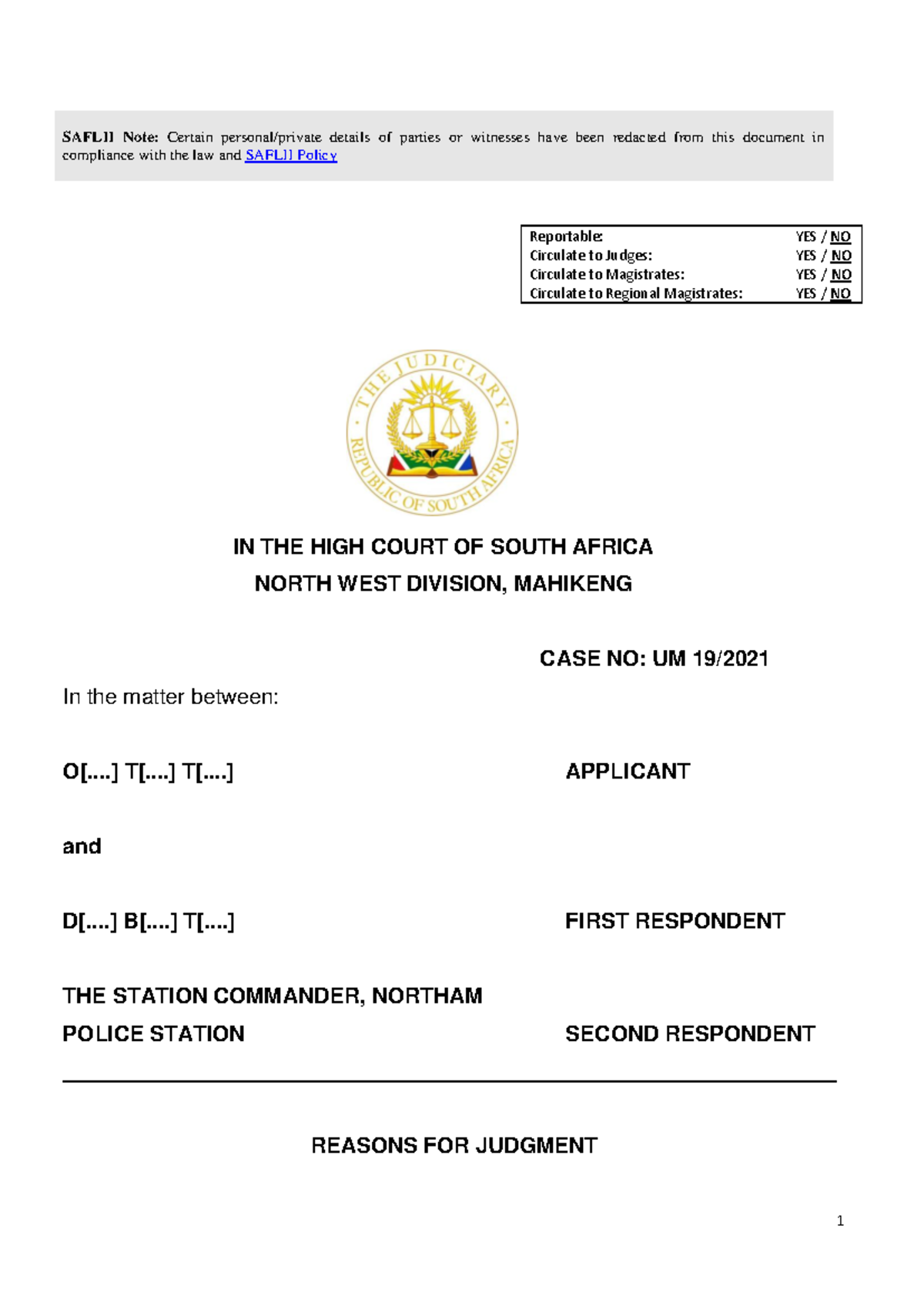 Interdict ex parte - SAFLII Note: Certain personal/private details of ...