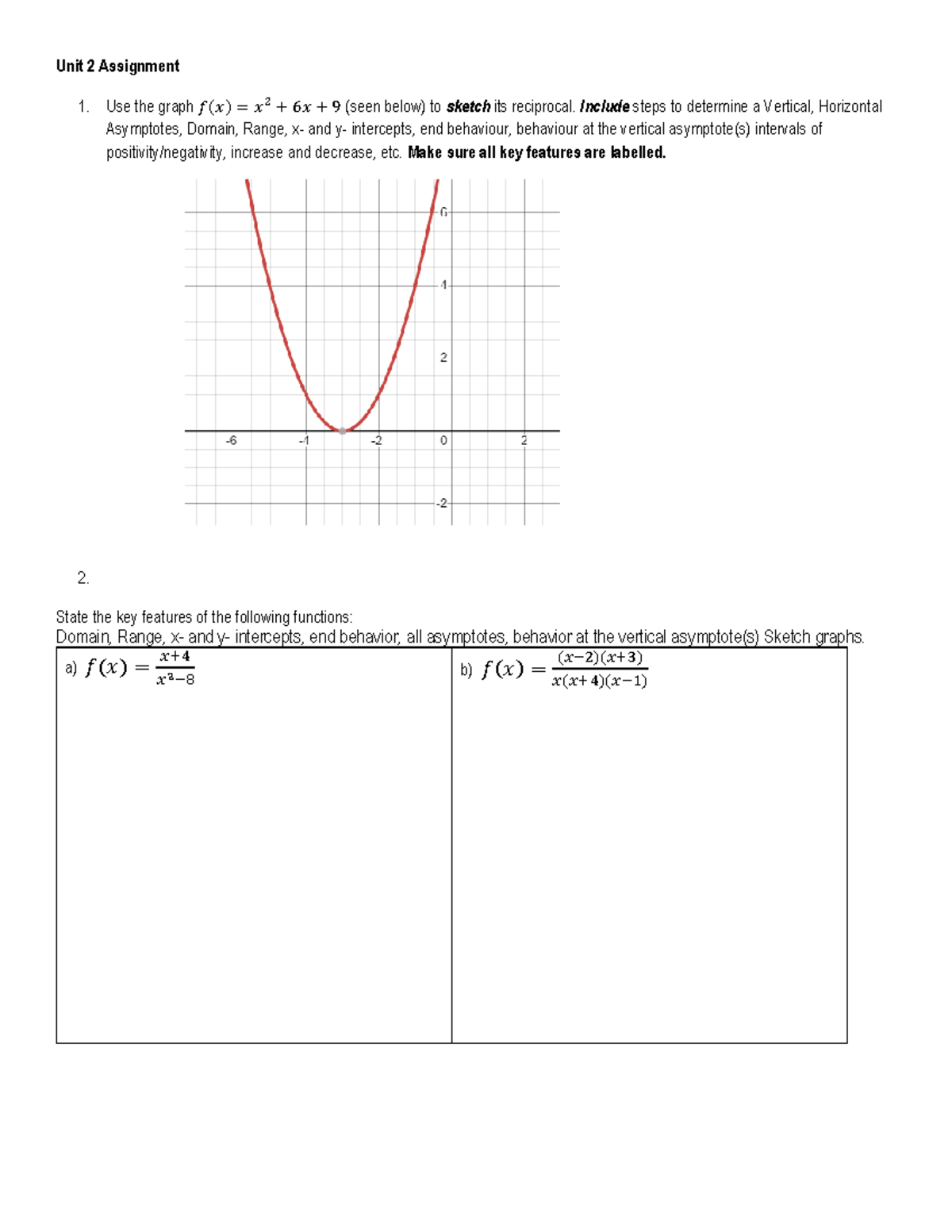 Rational Functions Assignment #2 - Unit 2 Assignment 1. Use the graph 𝑓(𝑥) = 𝑥 2 + 6 𝑥 + 9 (seen ...