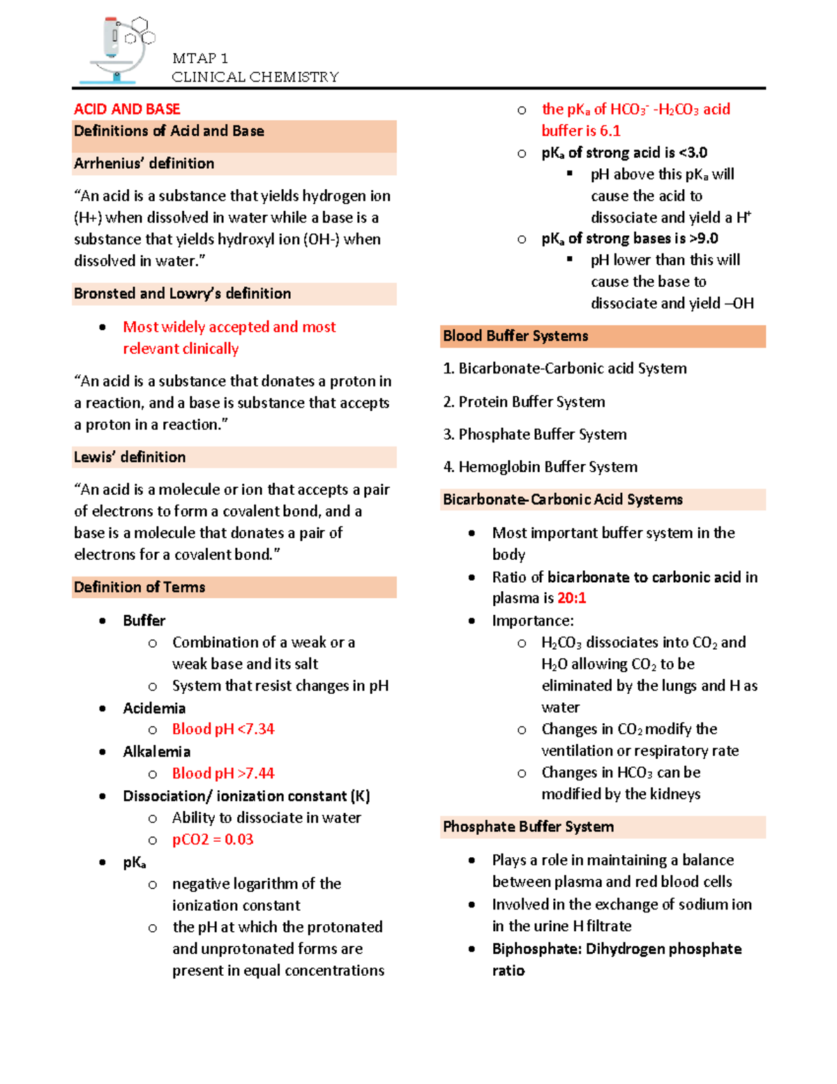 Acid-Base - Review Notes - CLINICAL CHEMISTRY ACID AND BASE Definitions ...