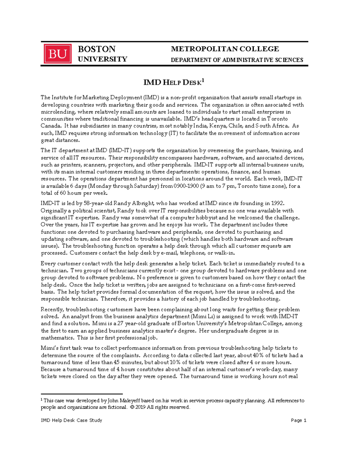 Metad 605 IMD Help Desk Case Study - BOSTON UNIVERSITY METROPOLITAN ...