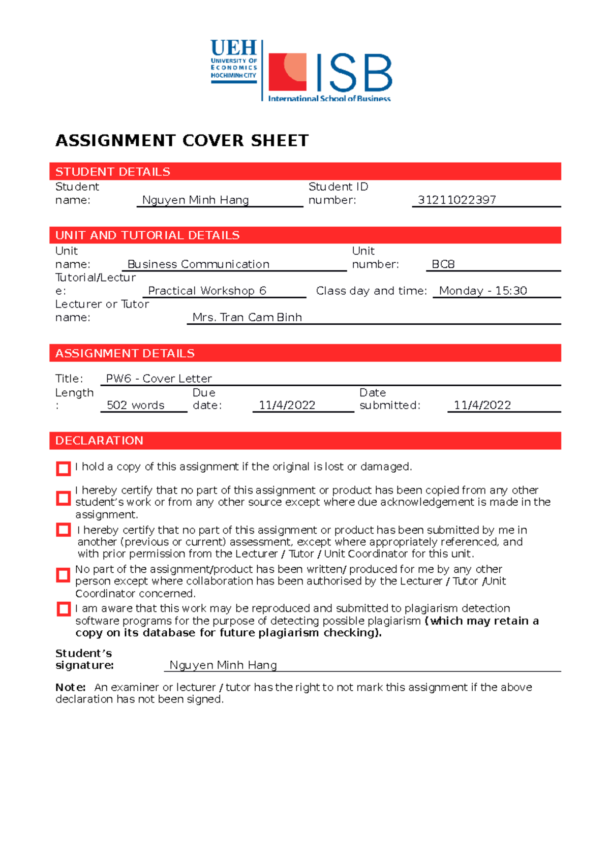 Cover letter - ASSIGNMENT COVER SHEET STUDENT DETAILS Student name ...