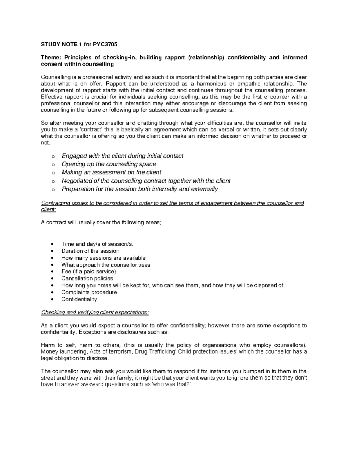 Study NOTE 1 Theme - Principles of checking-in building rapport ...