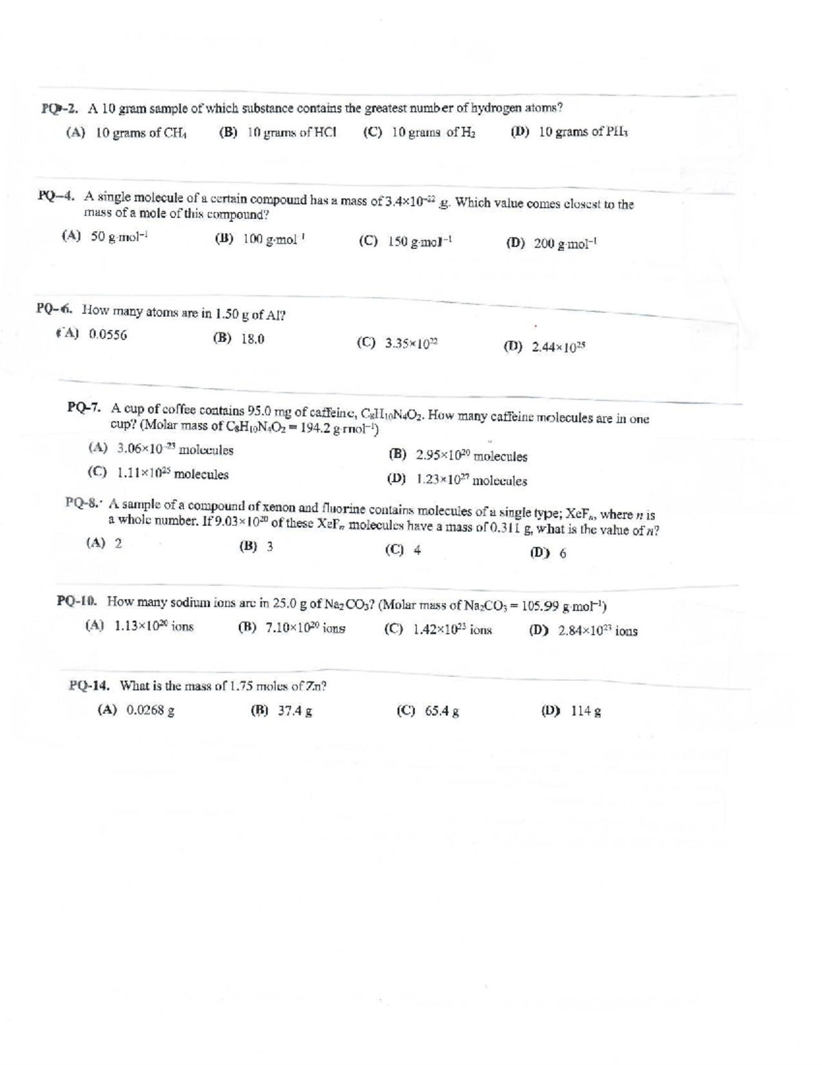Chapter 3 Atoms and Moles - A 10 gram sample of which substance ...