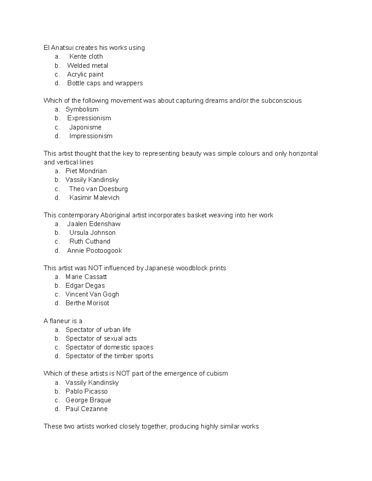 Arth-121(Quiz) - Instructor: Jon Bath (Fully Online) - El Anatsui ...