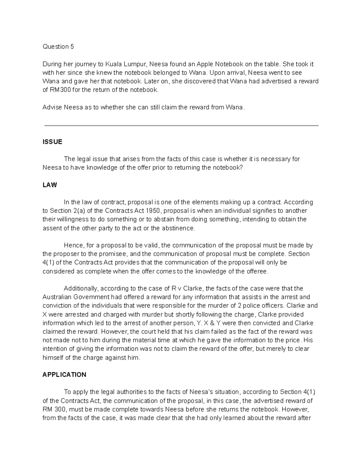 Law of Contract, Torts & Crimes - Tutorial (Communication of Offer) - Question 5 During her ...