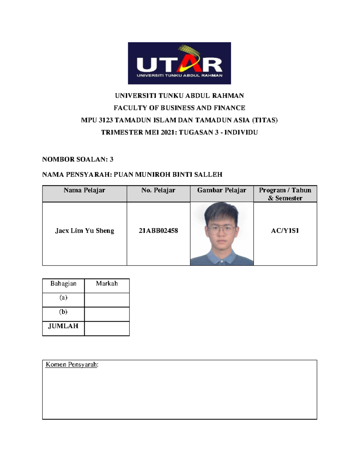 Jacx Lim Yu Sheng 2102458 - UNIVERSITI TUNKU ABDUL RAHMAN FACULTY OF ...