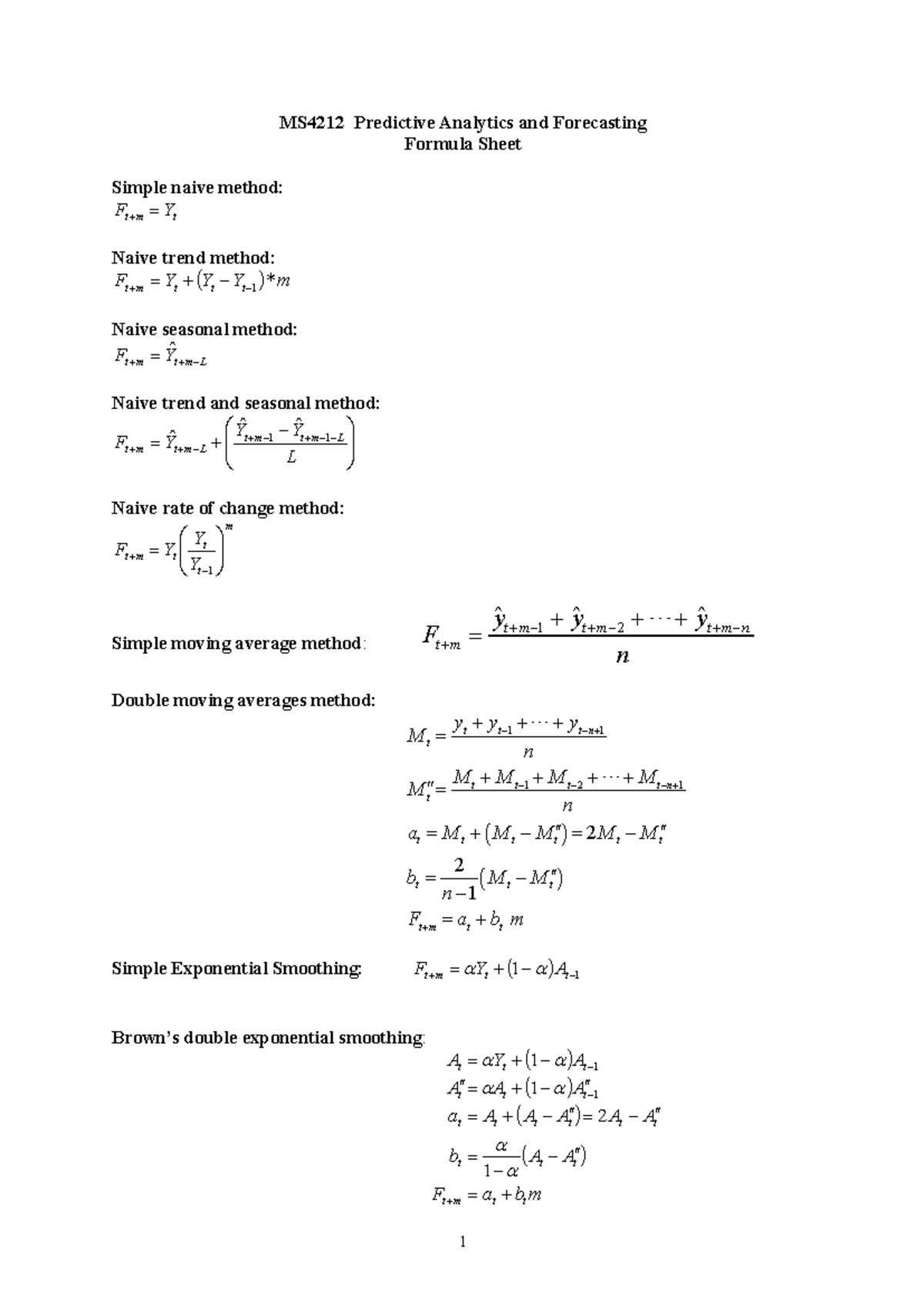 MS4212 Formula sheet and DW-table - 1 MS4212 Predictive Analytics and ...