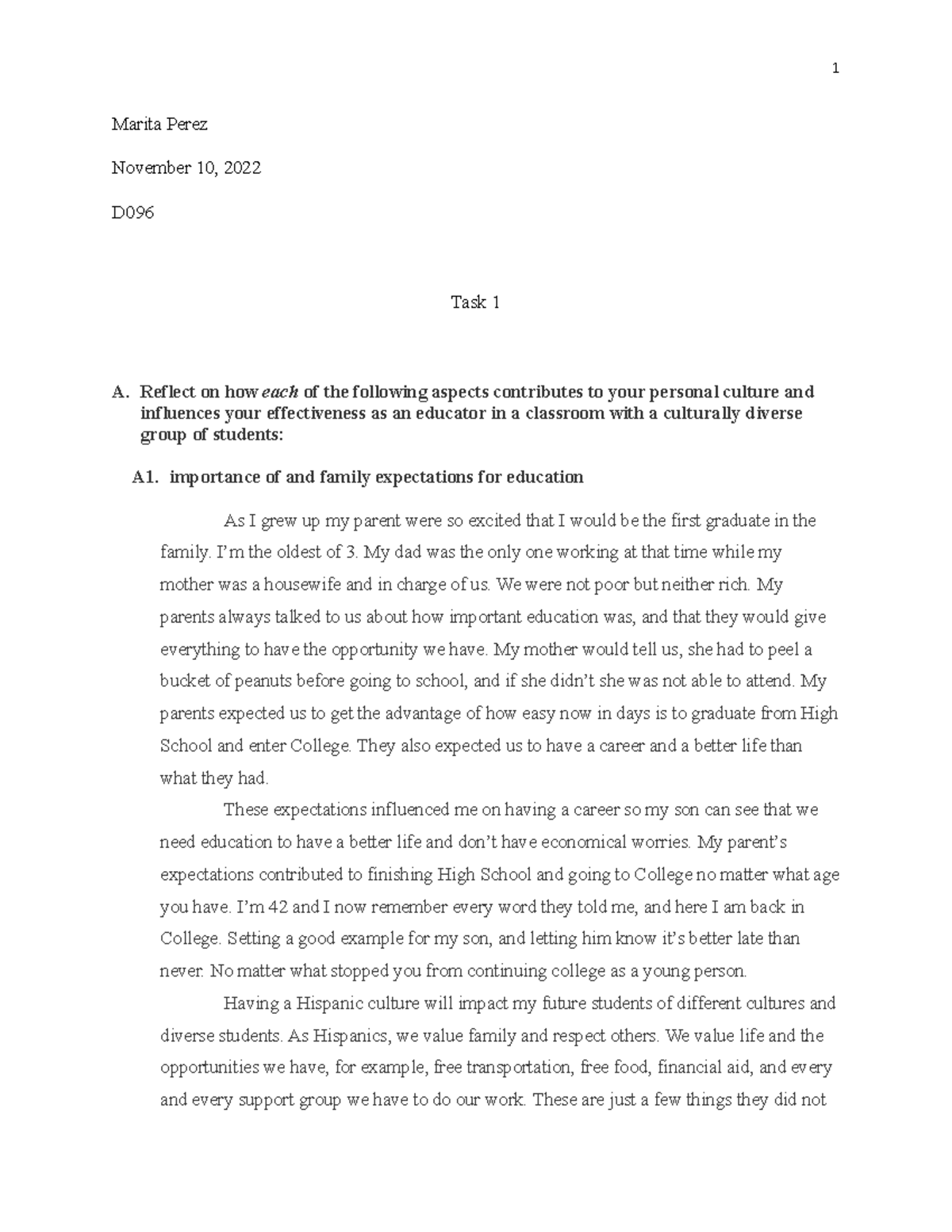 D096 - .Task 1 from D096 - 1 Marita Perez November 10, 2022 D Task 1 A ...