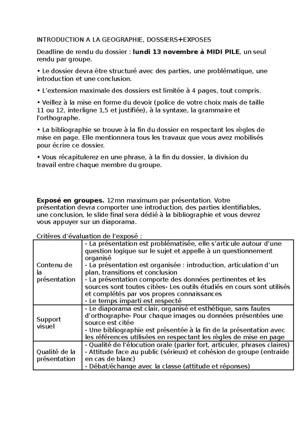 Consignes - INTRODUCTION A LA GEOGRAPHIE, DOSSIERS+EXPOSES Deadline de ...