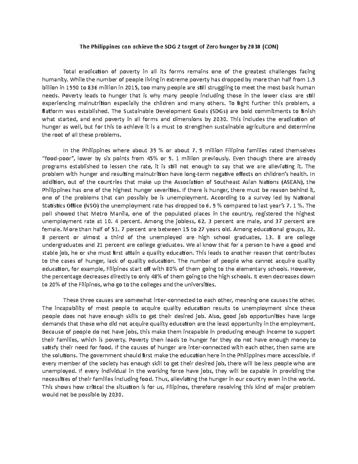 Position Paper The Philippines can achieve the SDG 2 target of Zero ...
