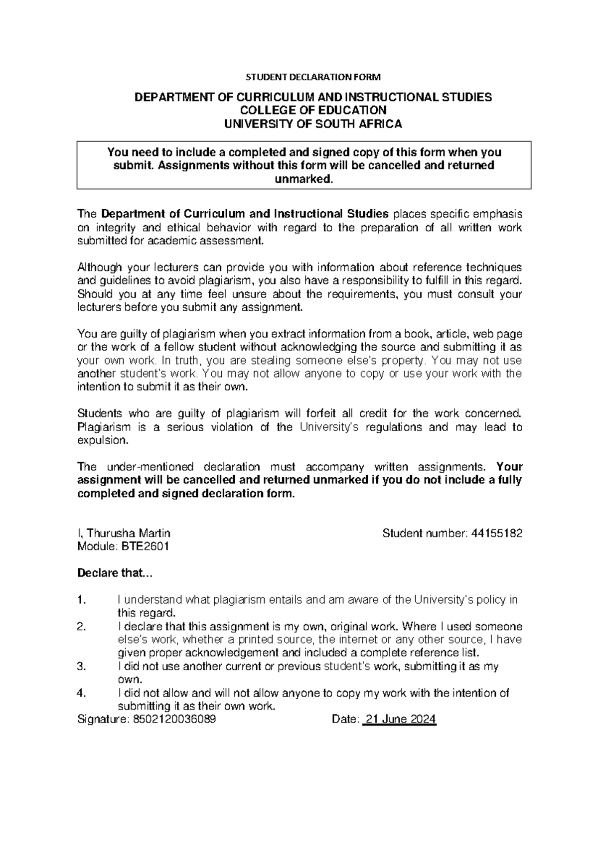 BTE2601 Assignment 2 - You need to include a completed and signed copy ...