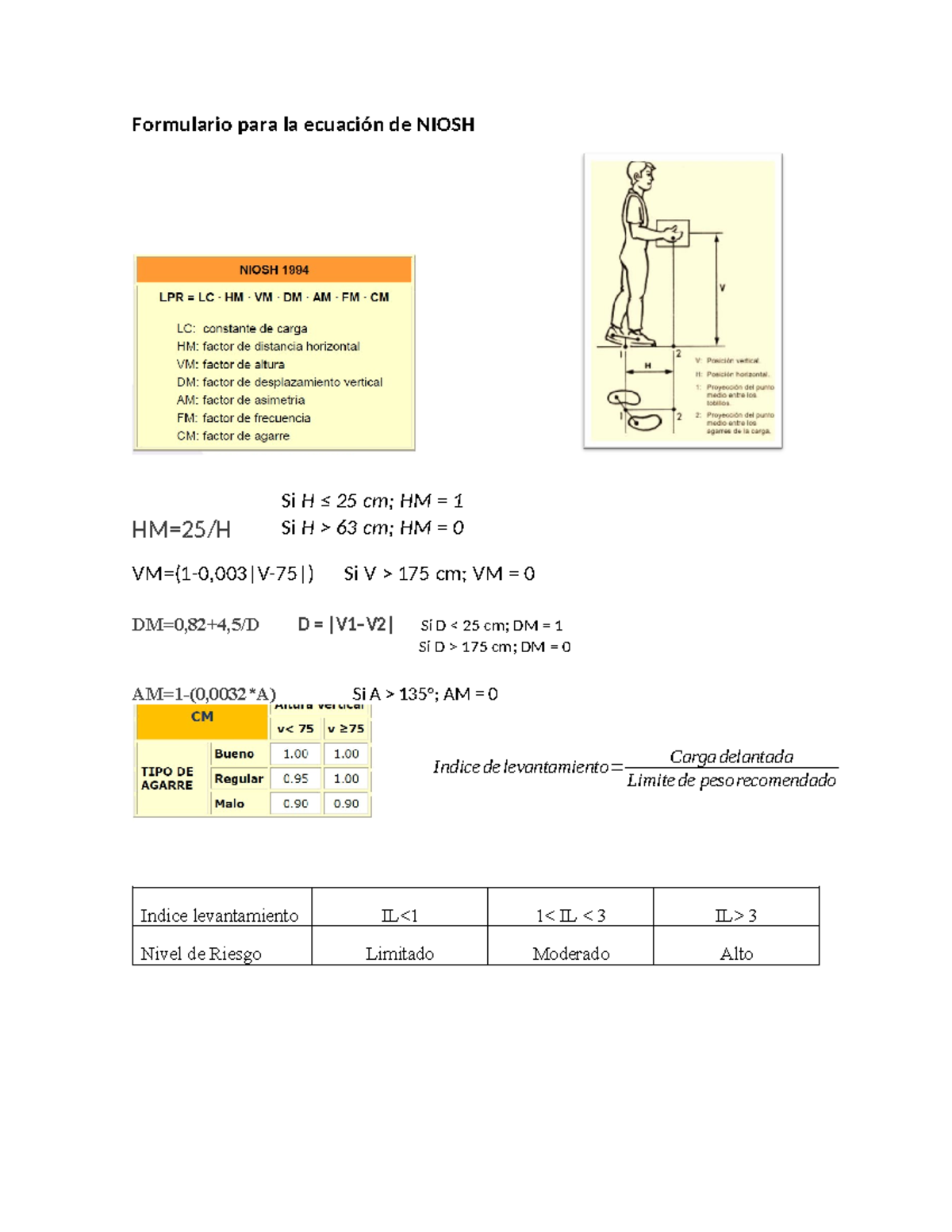 Formulario para la ecuación de Niosh - Estudio del trabajo 2 - Formulario para la ecuación de ...