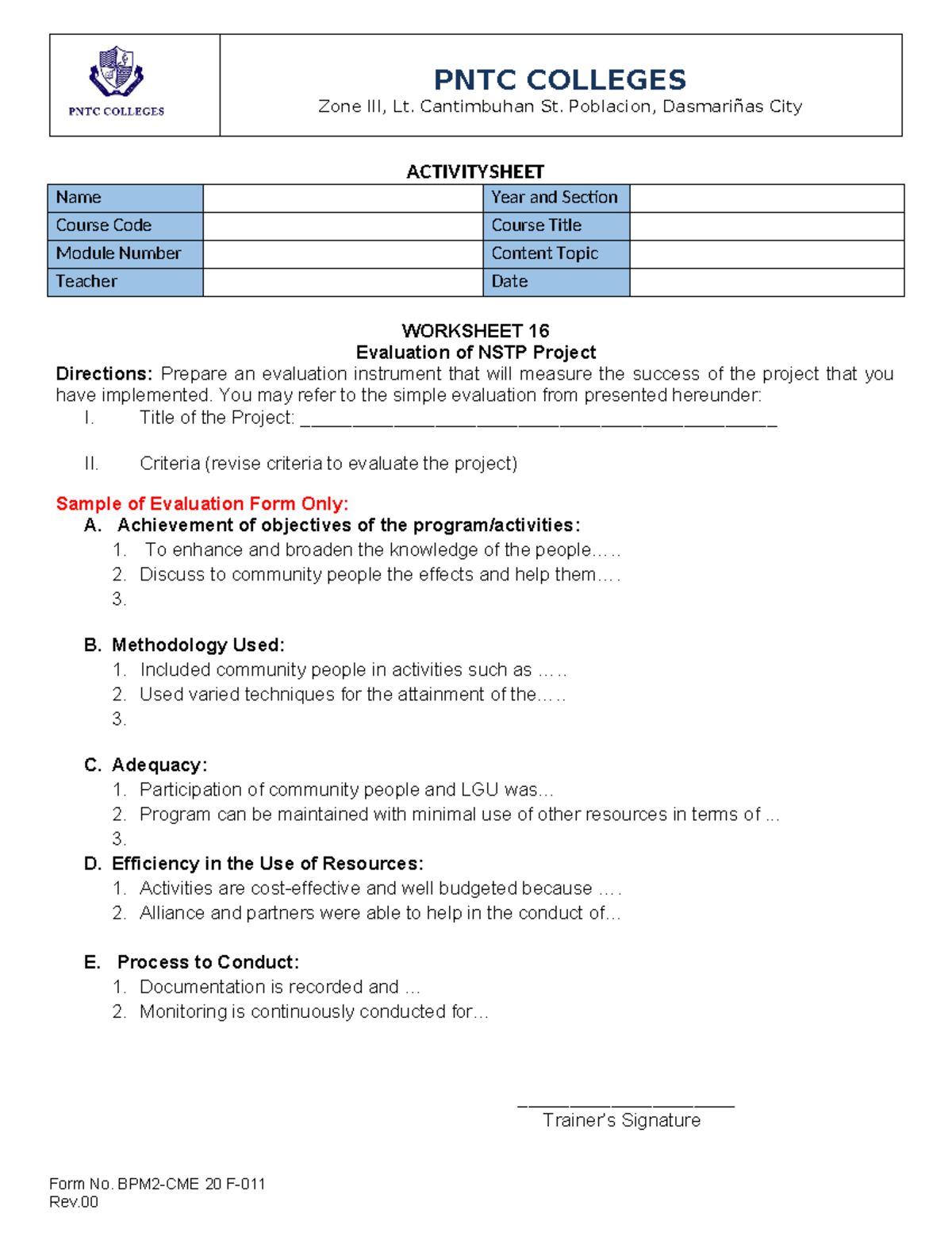 Worksheet 16 - . ............ - PNTC COLLEGES Zone III, Lt. Cantimbuhan ...