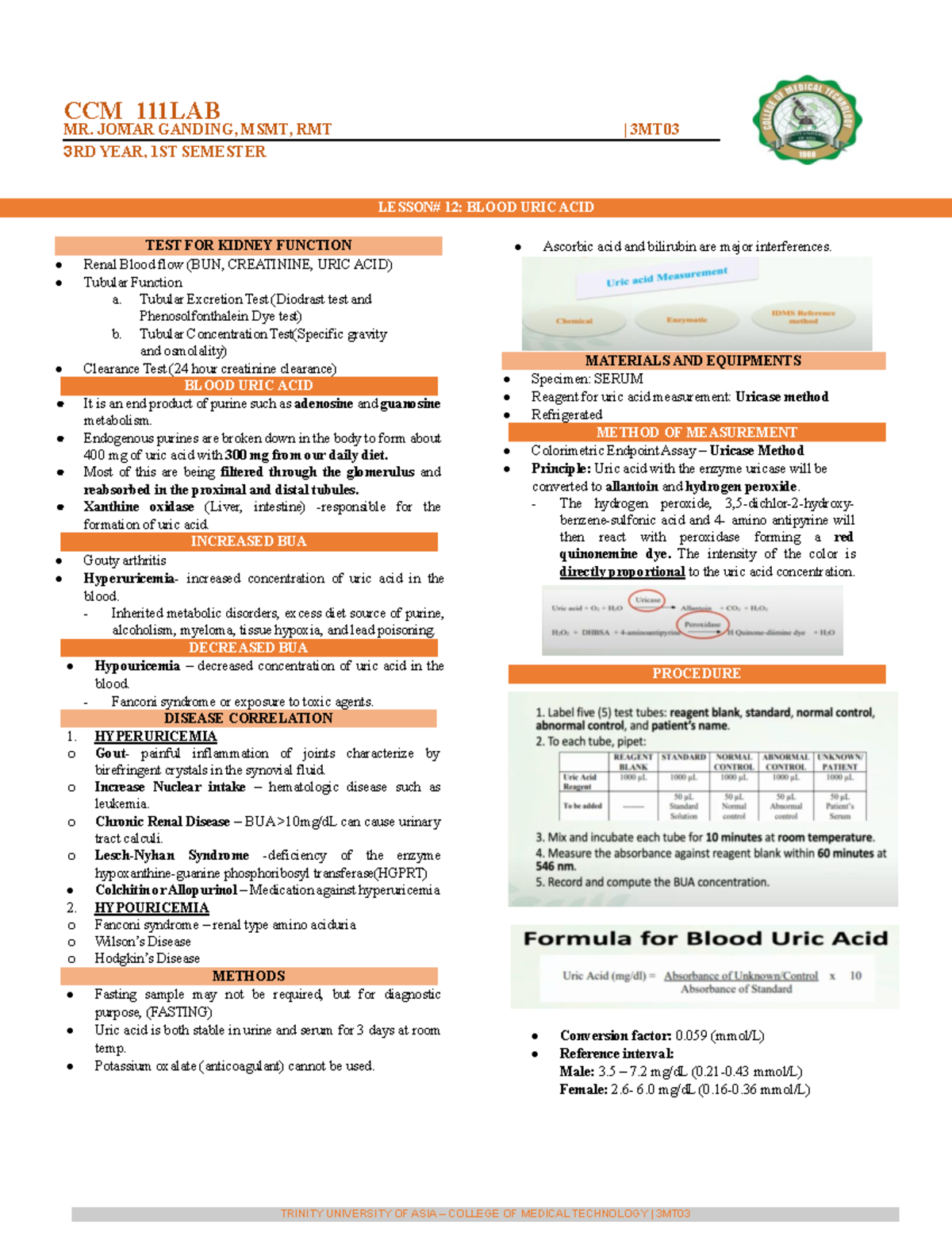 BLOOD URIC ACID - TRINITY UNIVERSITY OF ASIA – COLLEGE OF MEDICAL ...
