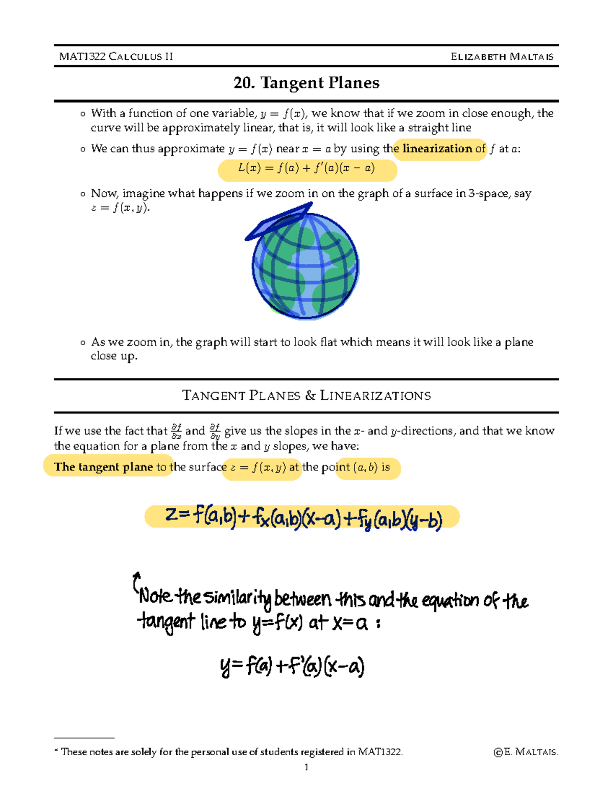Notes 20 Tangent Planes - MAT1322 CALCULUSII ELIZABETHMALTAIS 20 ...