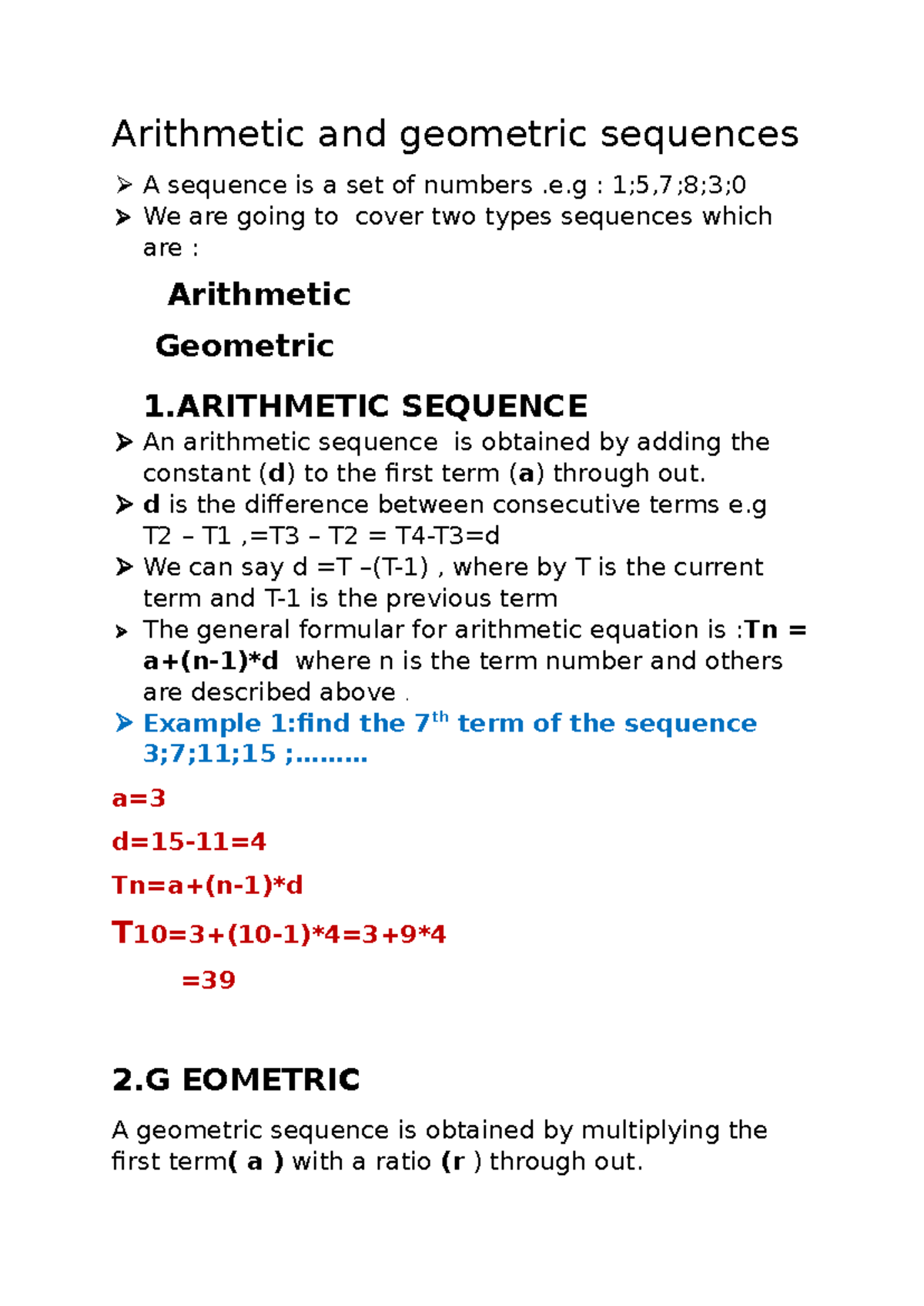 Arithmetic and geometric sequences - e : 1;5,7;8;3; We are going to ...