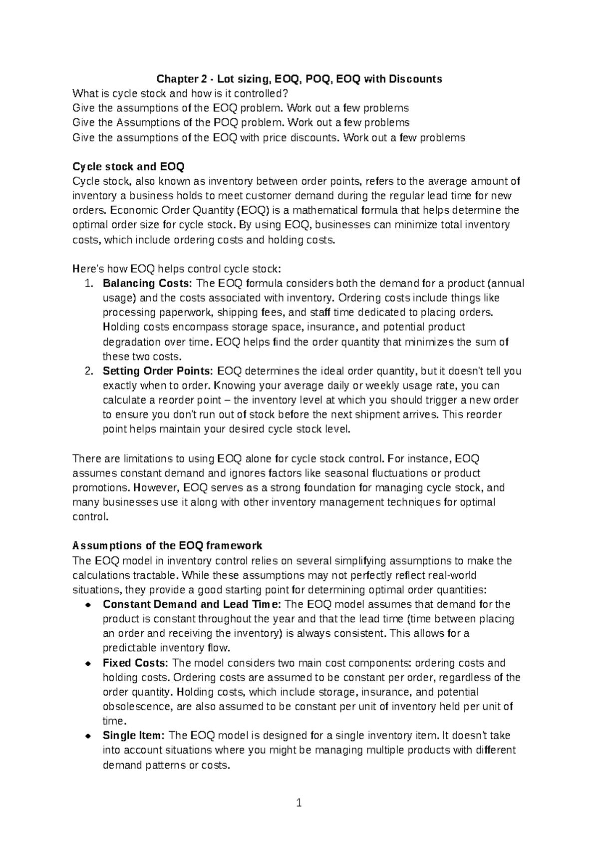 Day 2 material - Chapter 2 - Lot sizing, EOQ, POQ, EOQ with Discounts What is cycle stock and ...