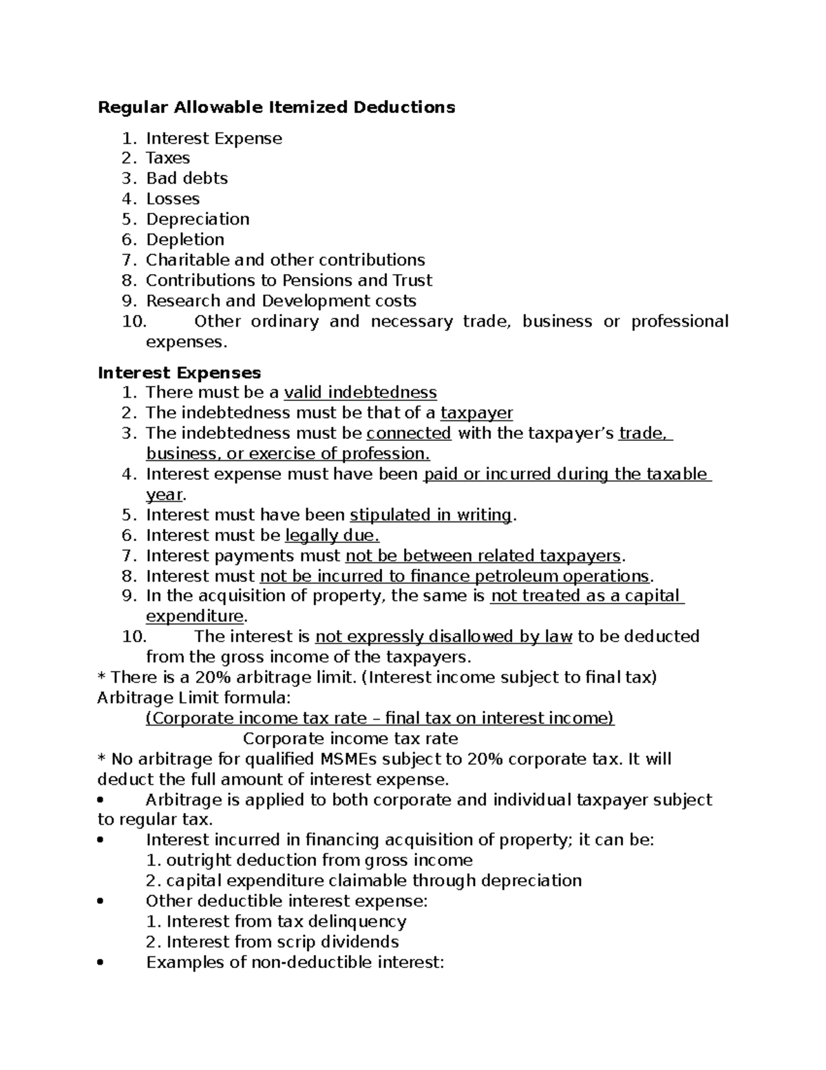 Regular Allowable Itemized Deductions - Regular Allowable Itemized Deductions Interest Expense ...