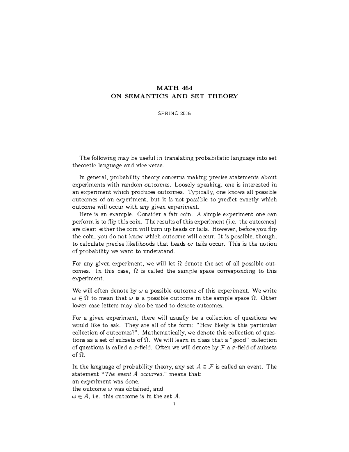 Lecture Notes Lecture 3 Math 464 On Semantics And Set Theory Spring 2016 The Following May Be