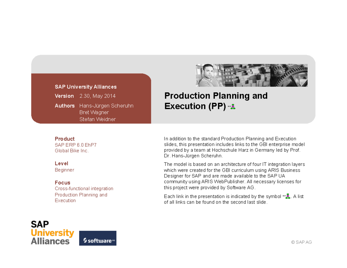 Intro ERP Using GBI Slides PP ARIS, sap - © SAP AG Production Planning and Execution (PP) SAP ...