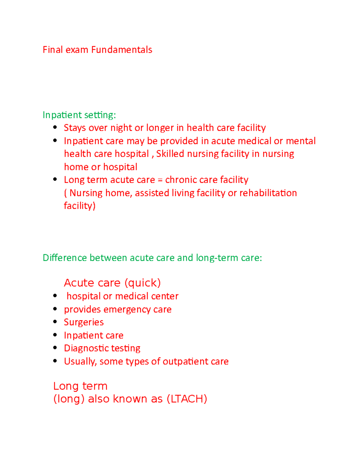Final exam - study guide - Final exam Fundamentals Inpatient setting ...