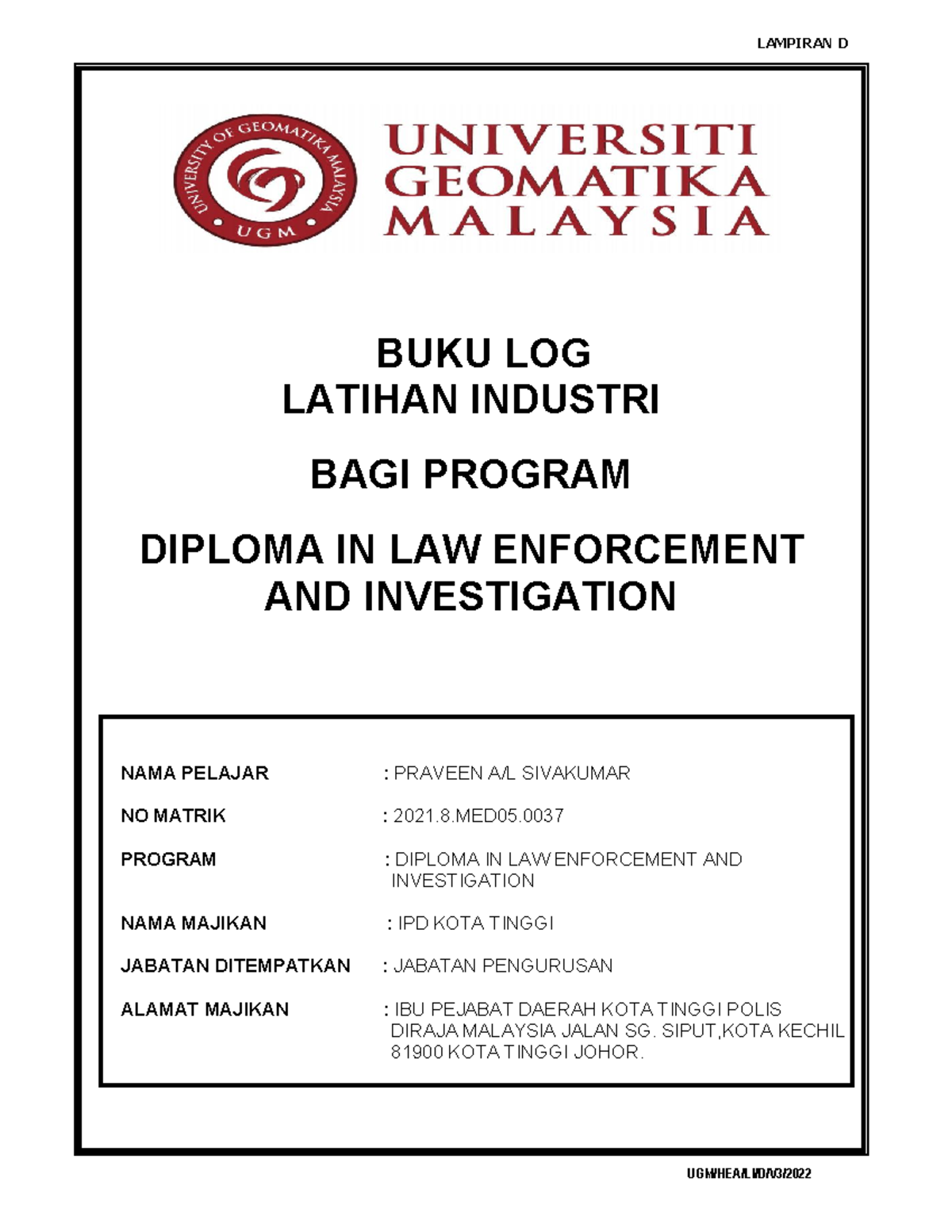 [D] Format BUKU LOG V3 - log book - LAMPIRAN D BUKU LOG LATIHAN ...