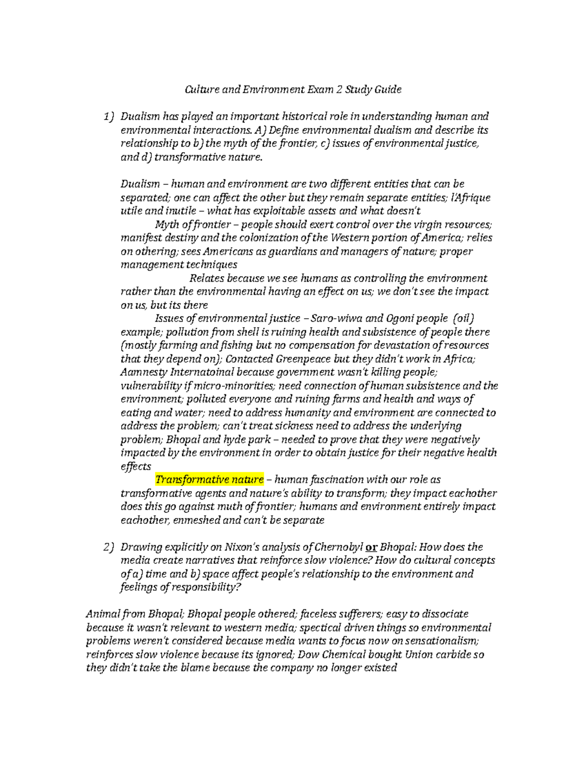 CEstudy 2 - Lecture notes Unit 2 - Culture and Environment Exam 2 Study ...