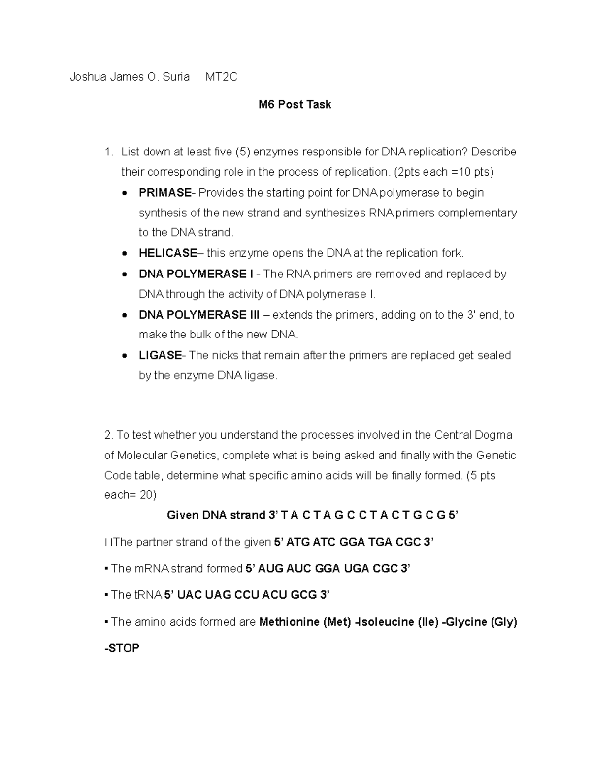 M6 Post Task Genetics Lab Suria - Joshua James O. Suria MT2C M6 Post Task List down at least ...