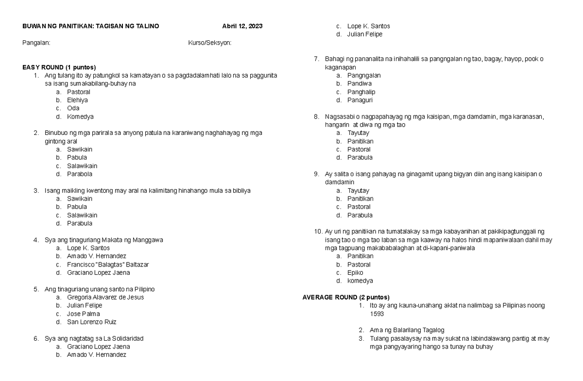 Buwan NG Panitikan Tagisan NG Talino Questionnaire - BUWAN NG PANITIKAN ...
