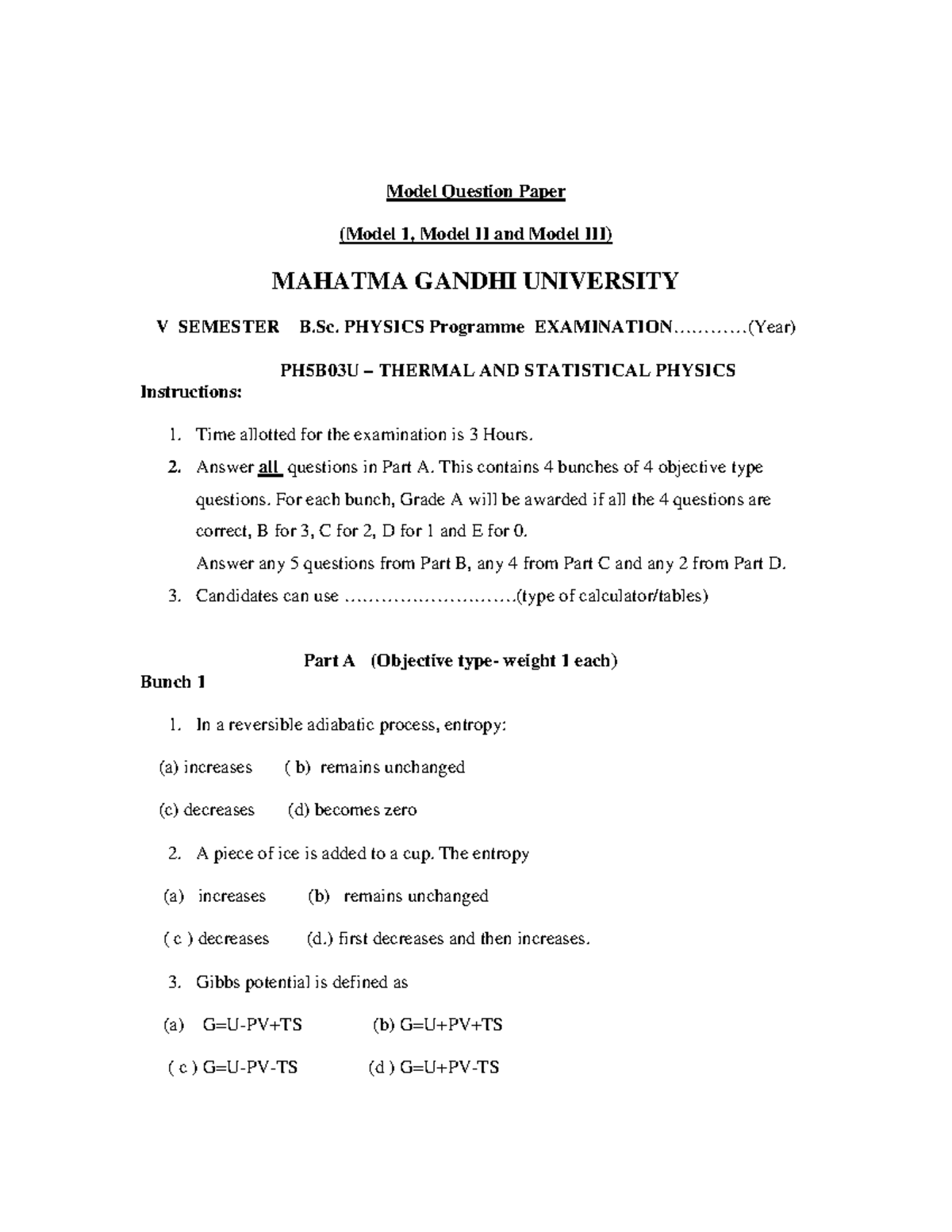 B.sc physics 5 sem model question paper-thermal-and-statistical-physics ...