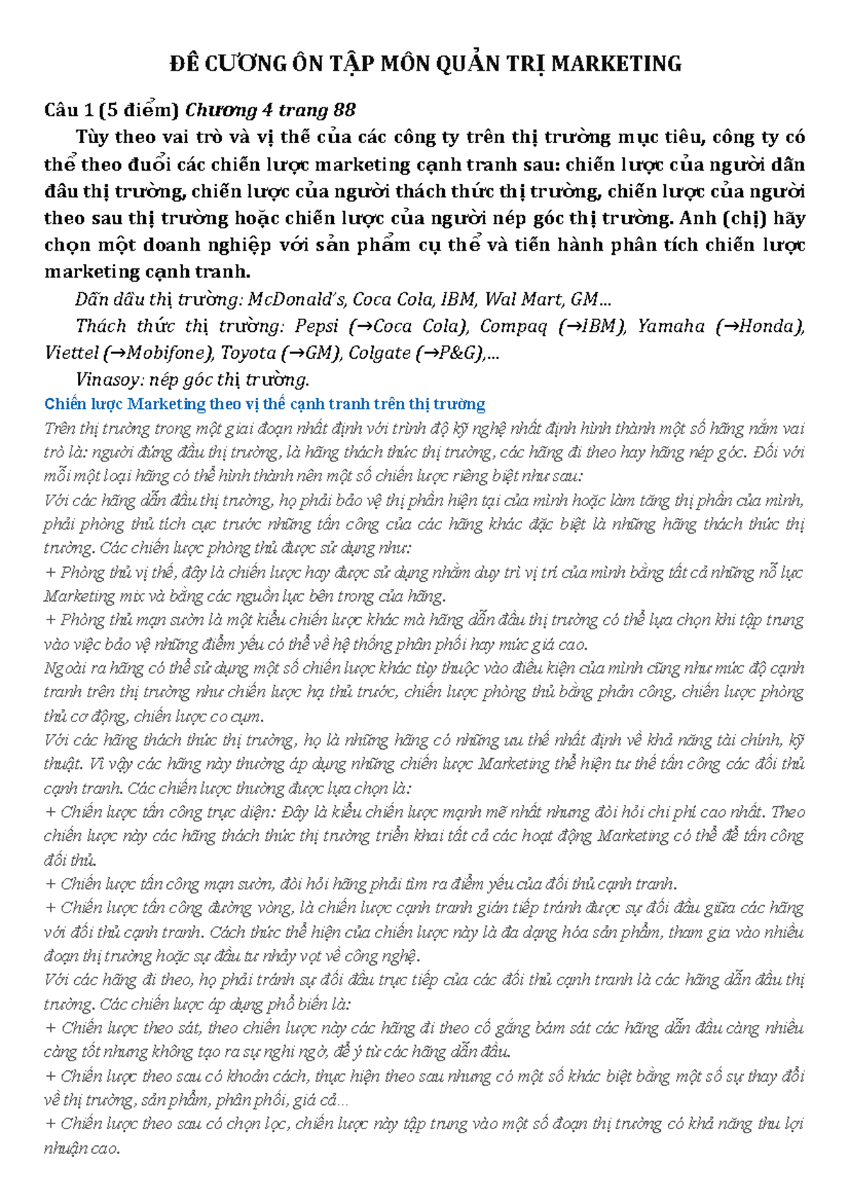 DC Quan Tri Marketing - đề cương - ĐỀỀ C NG ÔN T P MÔN QU N TR MARKETINGƯƠ Ậ Ả Ị Câu 1 (5 đi m ...