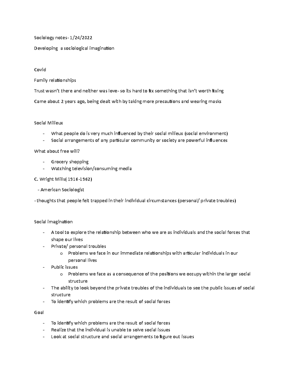 Sociology notes day 3 - Sociology notes- 1/24/ Developing a ...