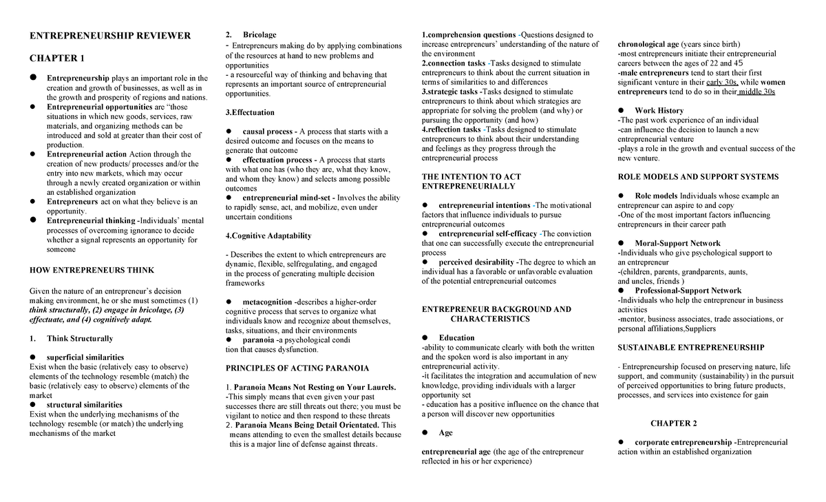 Entrepreneurship- Reviewer - ENTREPRENEURSHIP REVIEWER CHAPTER 1 ...