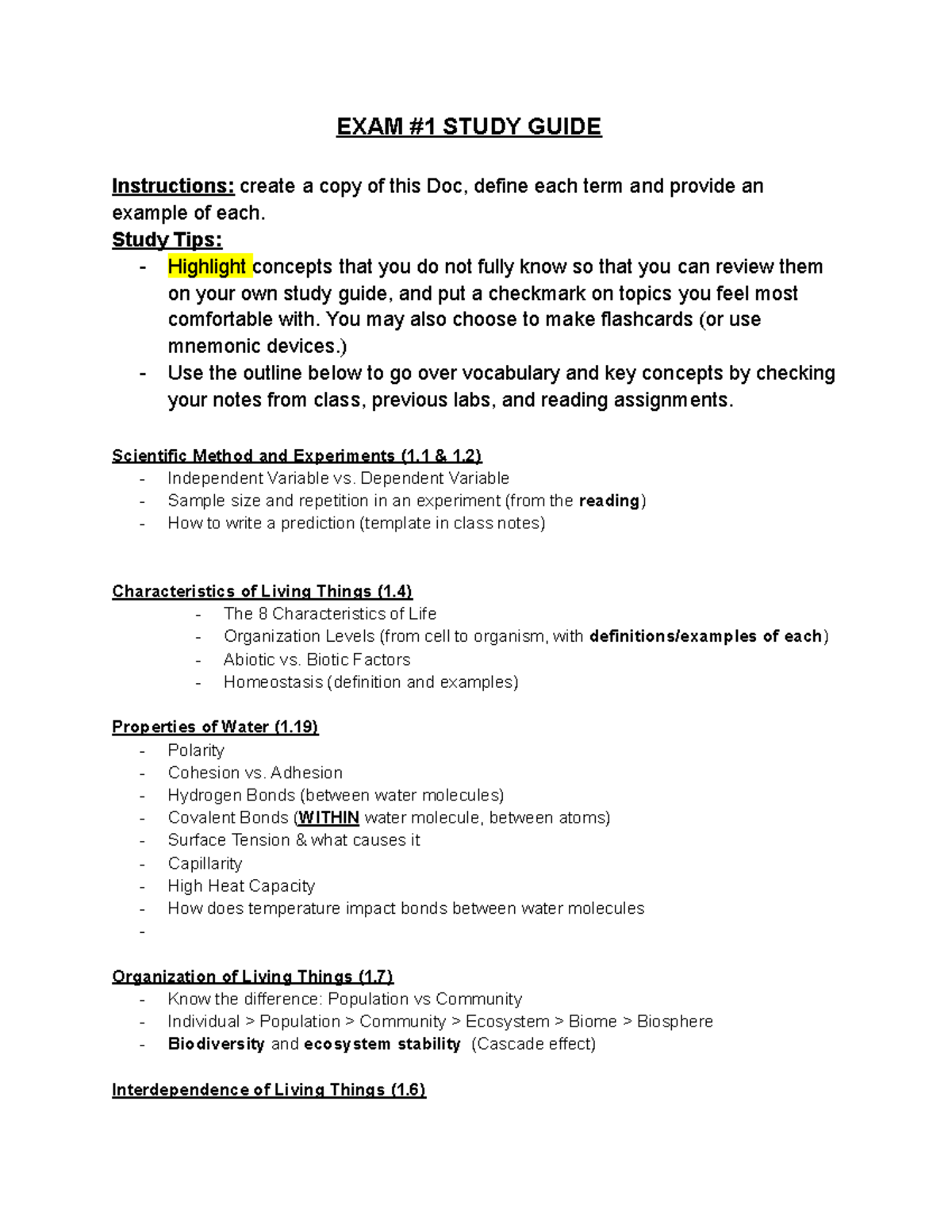 * EXAM 1 Topics - all key points - EXAM #1 STUDY GUIDE Instructions ...