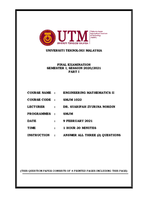 Final Exam Question SMJC1213 - SMJC 1213 QUESTION 3 a) Determine one (1 ...