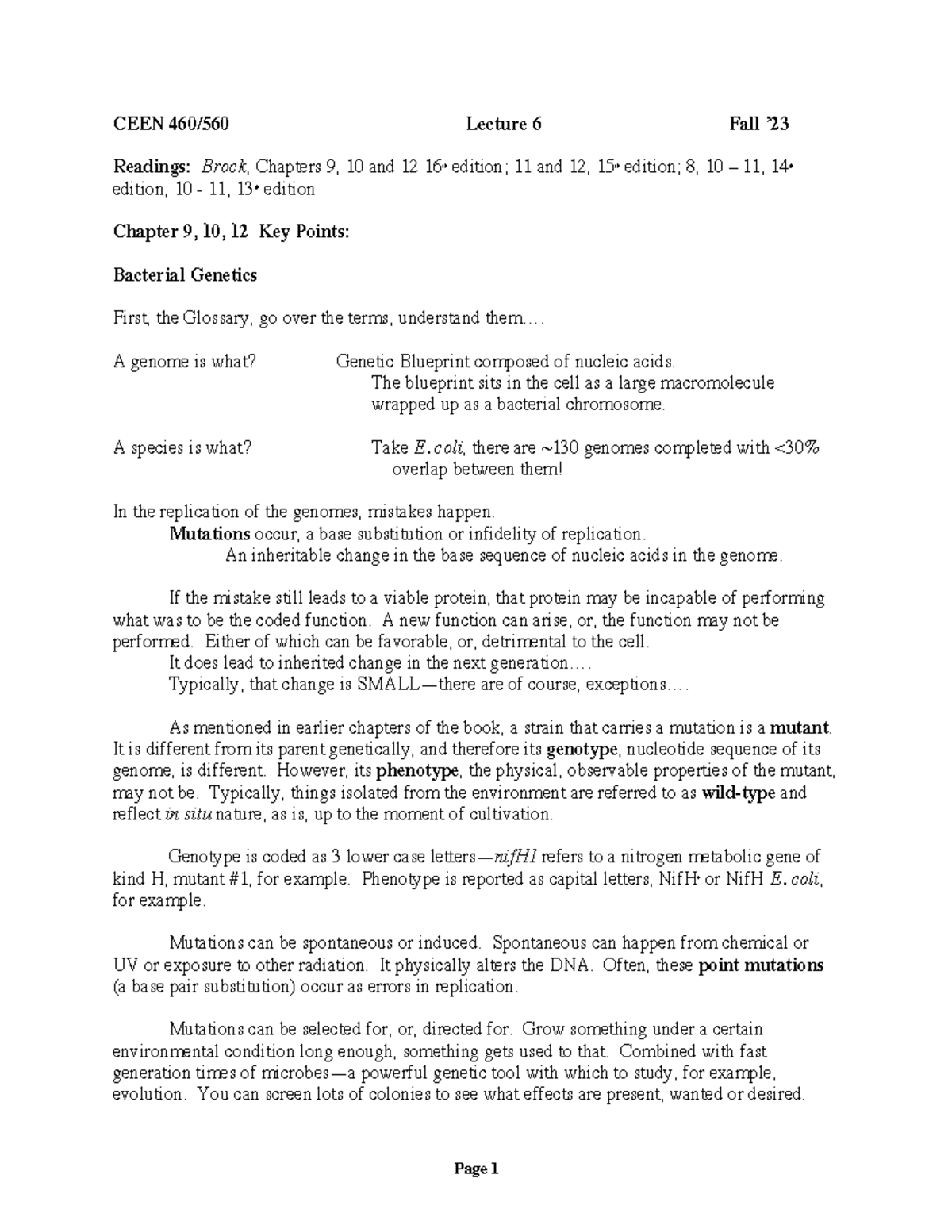 Ceen 560 Lecture 6 Class Notes Ceen 460 560 Lecture 6 Fall 23 Readings Brock Chapters 9 