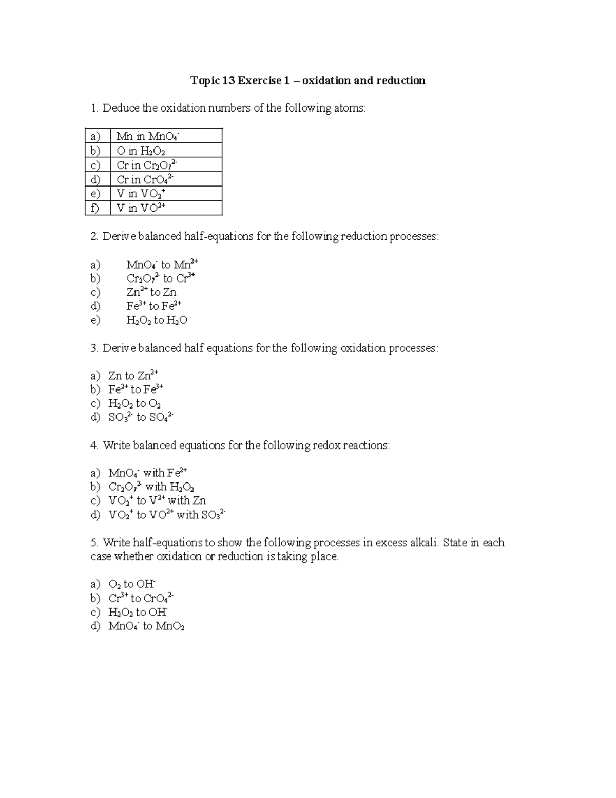 Topic 13 exercise 1 - oxidation and reduction - Topic 13 Exercise 1 ...