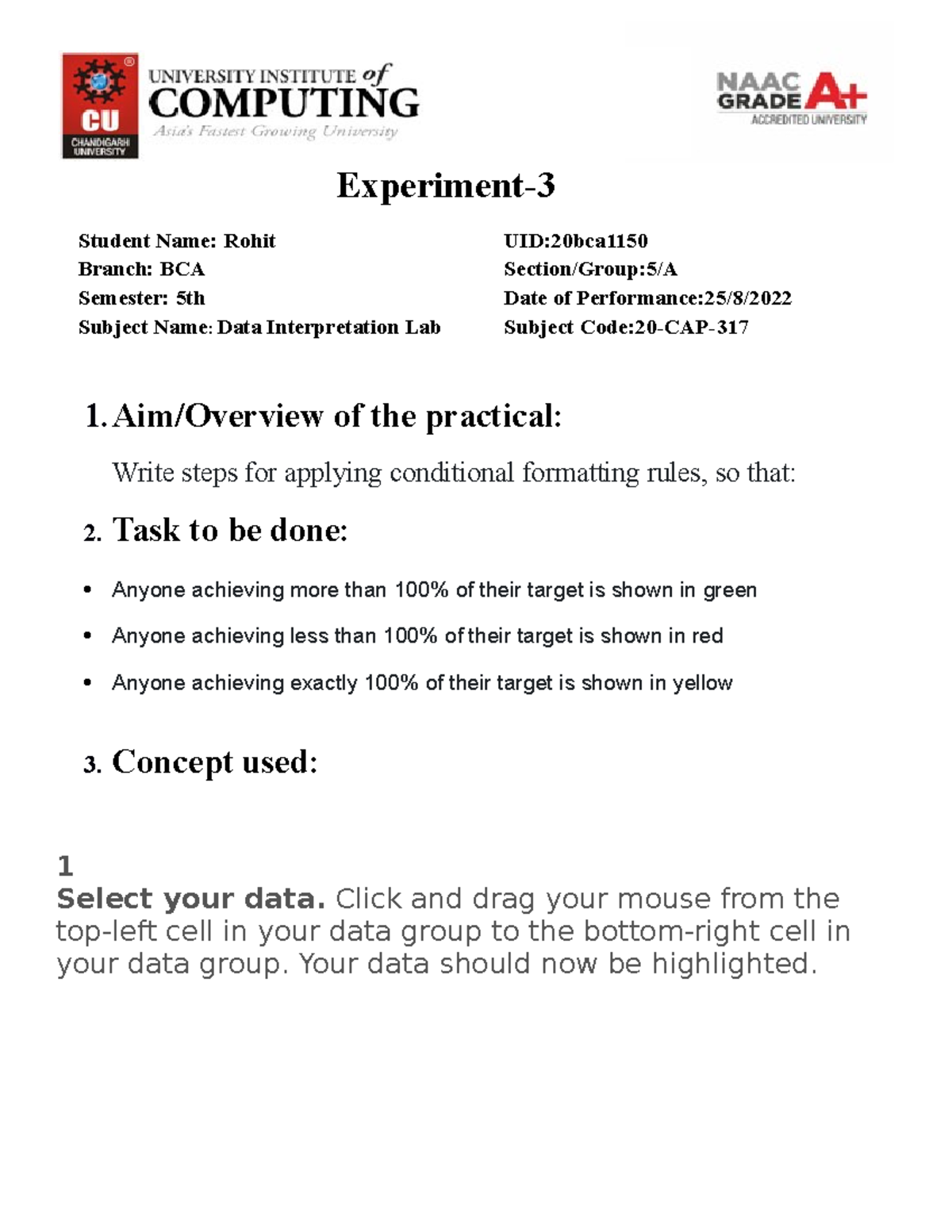Worksheet 1 - dscx - Experiment- Student Name: Rohit UID:20bca Branch ...