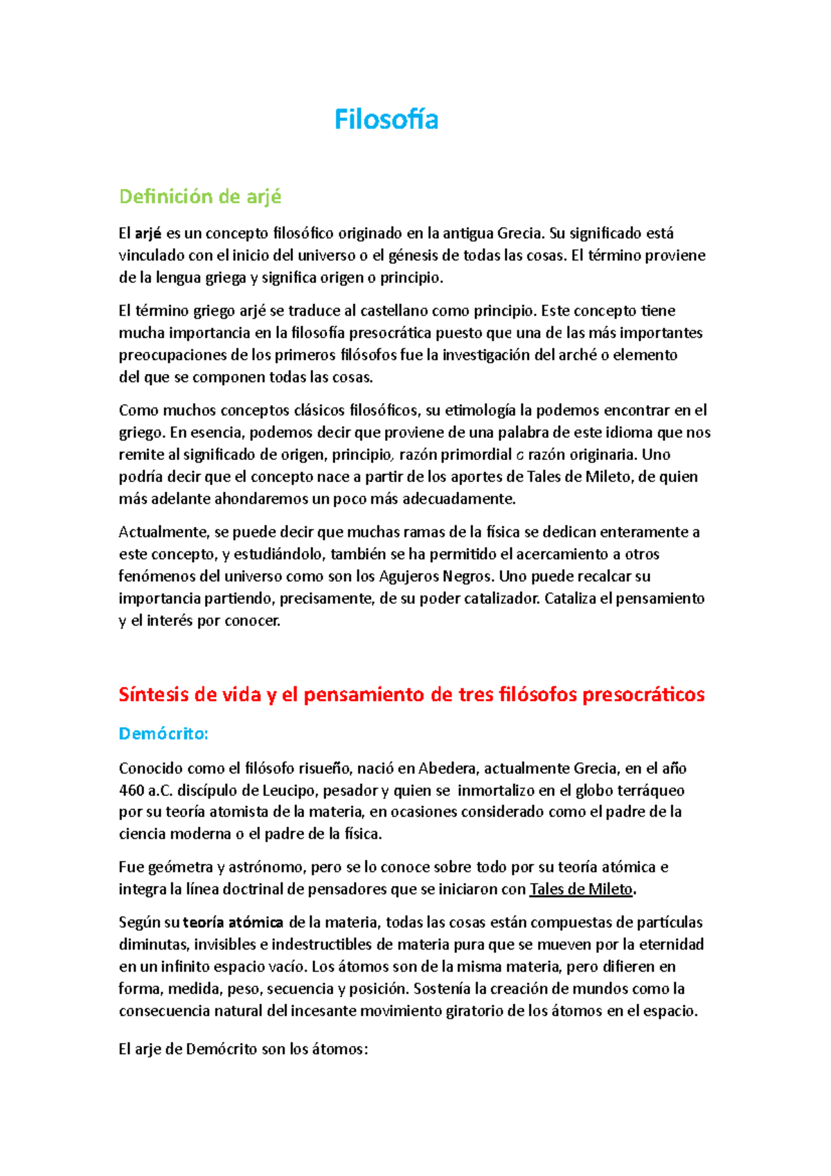 Definision de Arje y pensamientos de 3 presocráticos - Filosofía ...