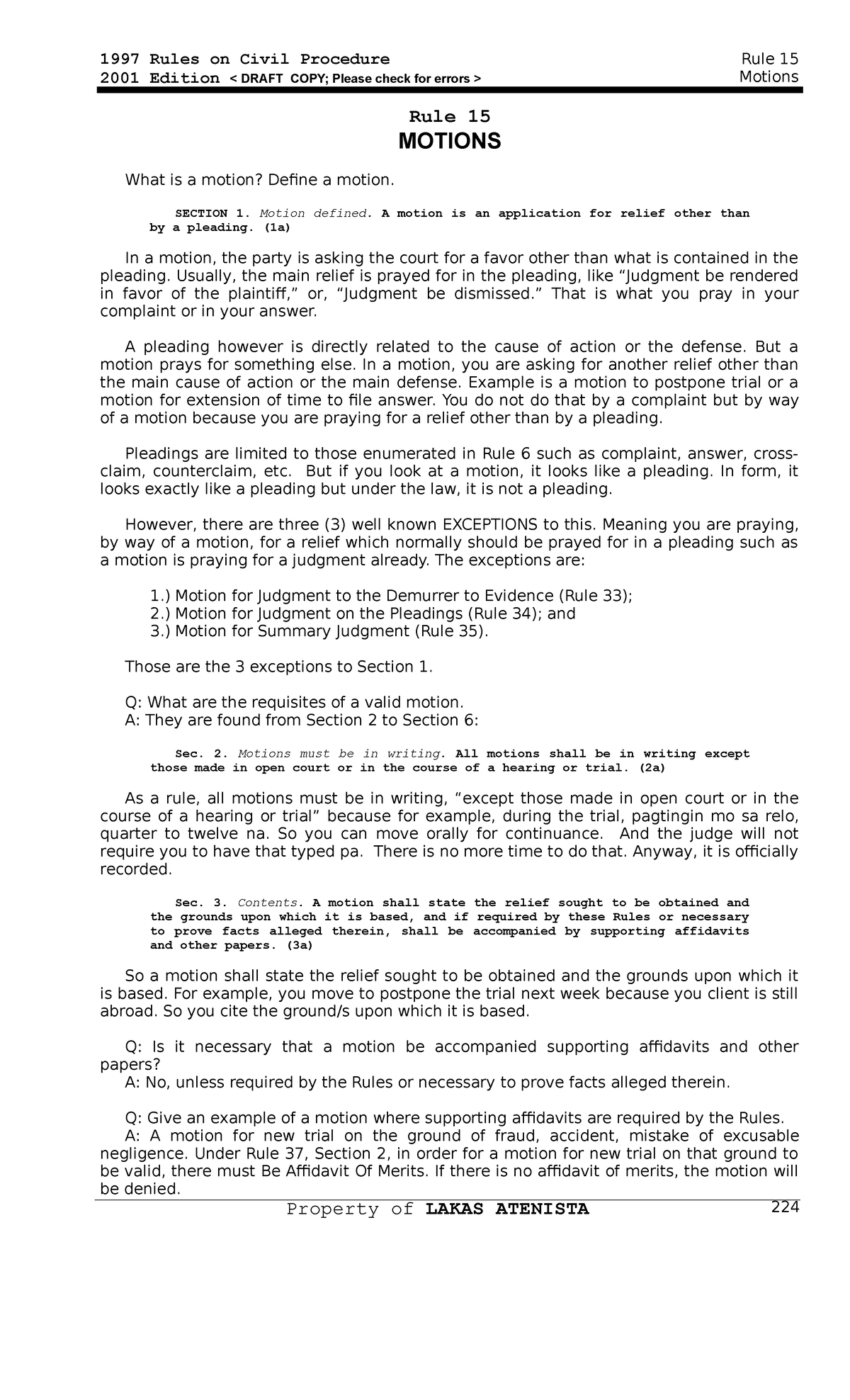 Rule-15-motions - Lecture notes e-15-motions - 2001 Edition