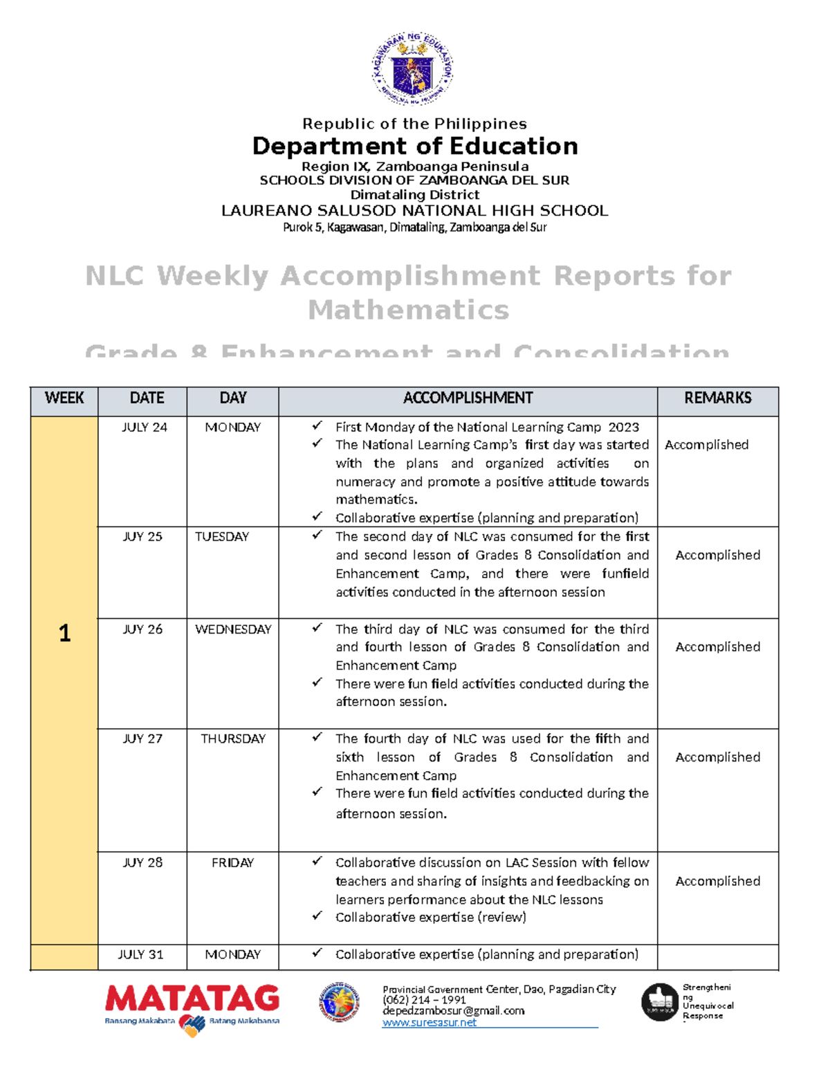 NLC Accomplishment Report Copy - NLC Weekly Accomplishment Reports for ...