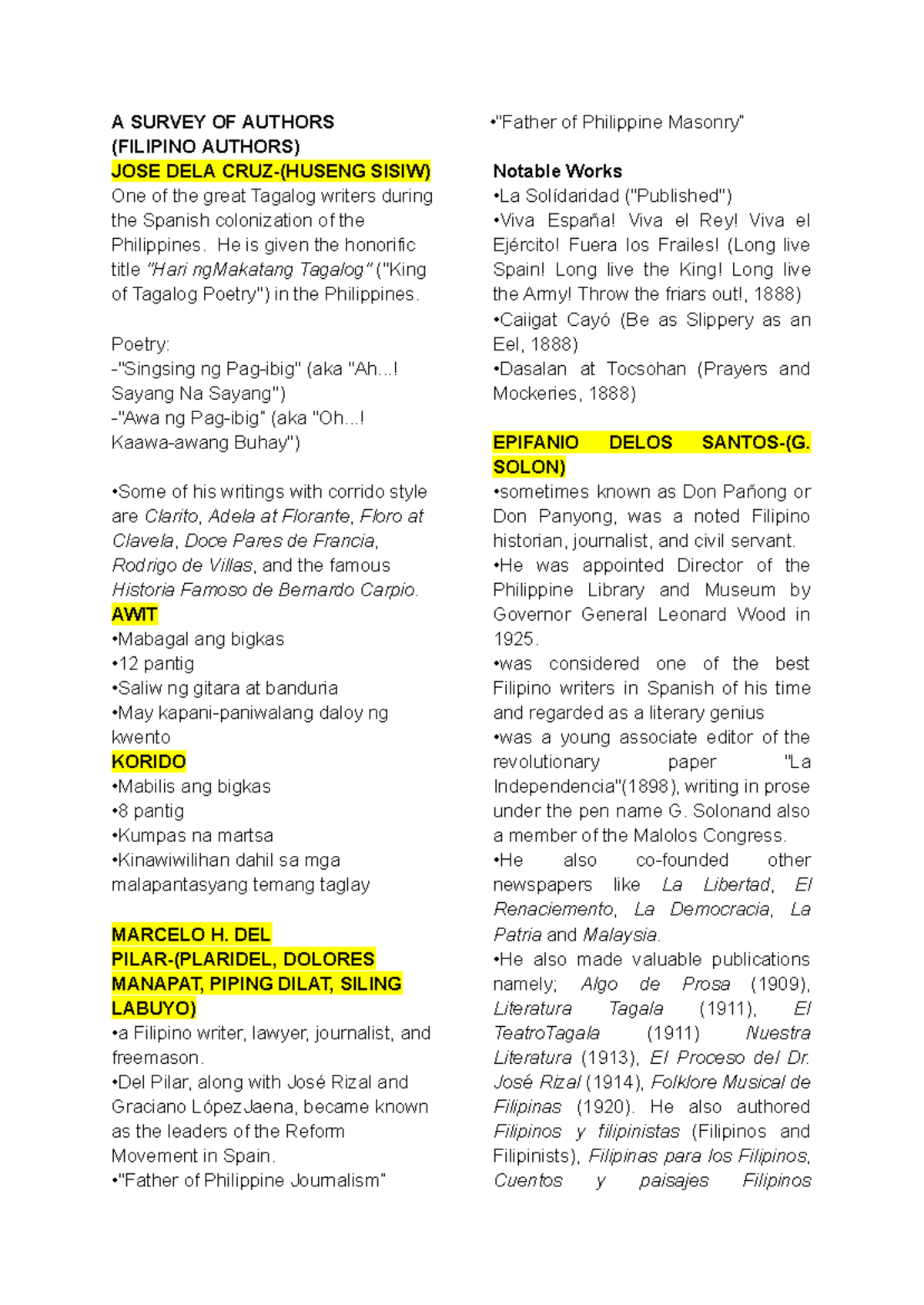 Reviewer-BSEE 27 - Reviewer - A SURVEY OF AUTHORS (FILIPINO AUTHORS ...