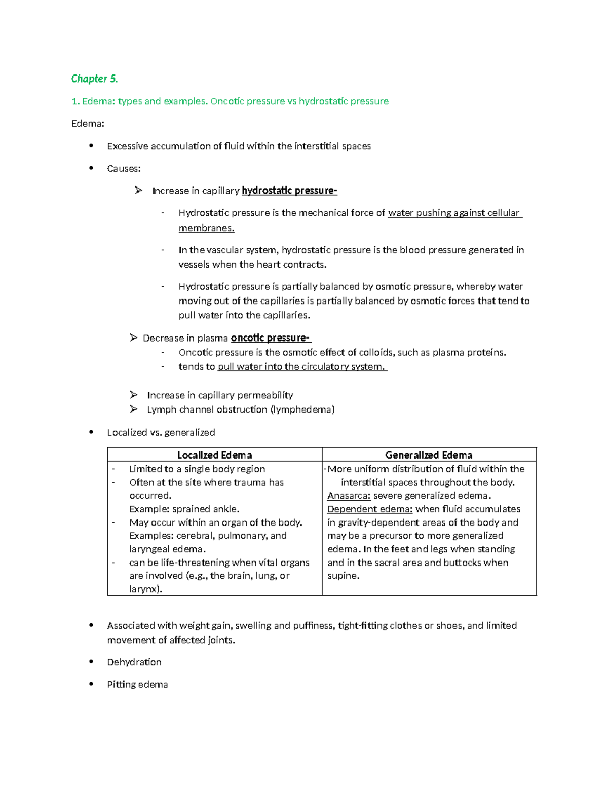 Midterm Study guide Summer 2023 Pathophysiology - Chapter 5 - Chapter 5. 1. Edema: types and ...