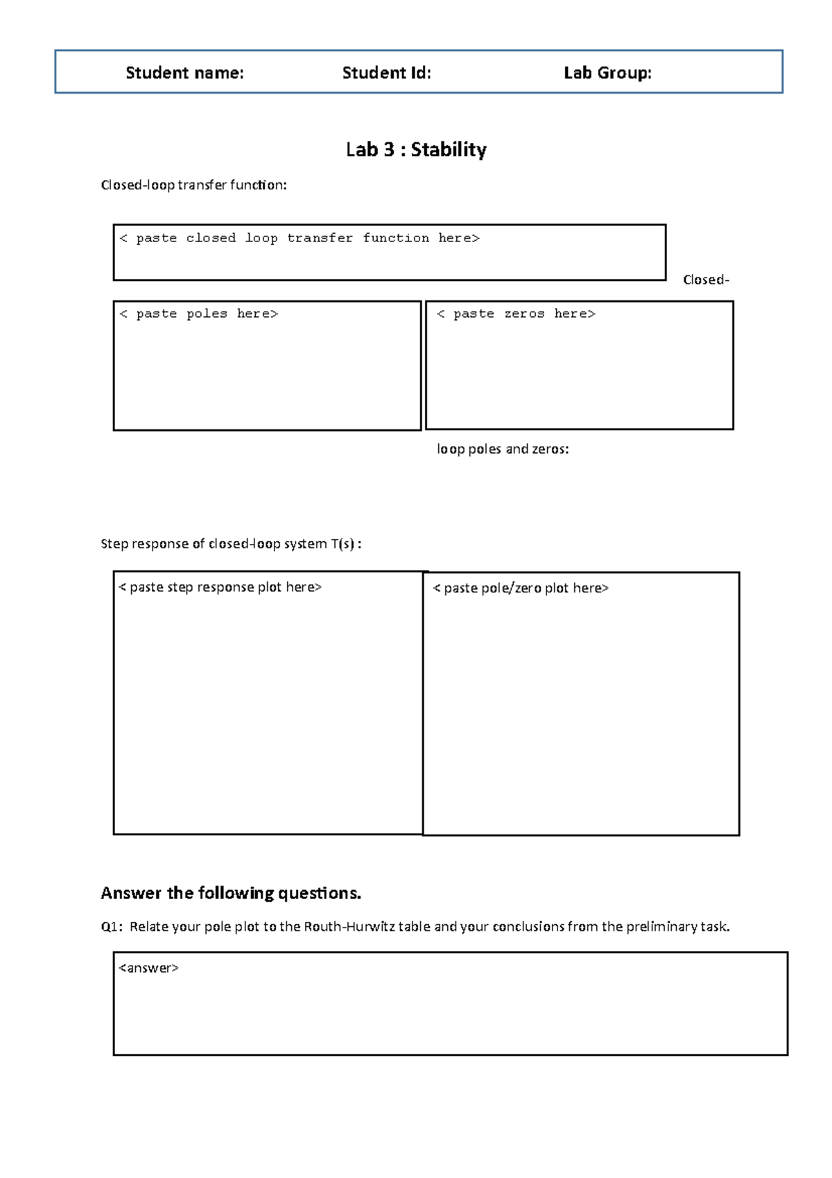 3304ENG Control Systems Laboratory 3 : Stability Worksheet - Student ...