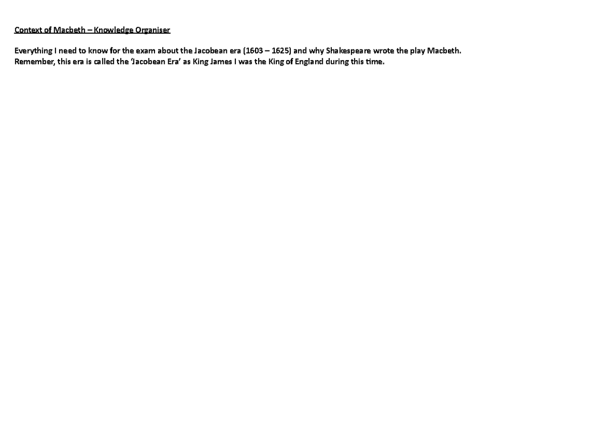 Macbeth context - notes - Context of Macbeth – Knowledge Organiser ...