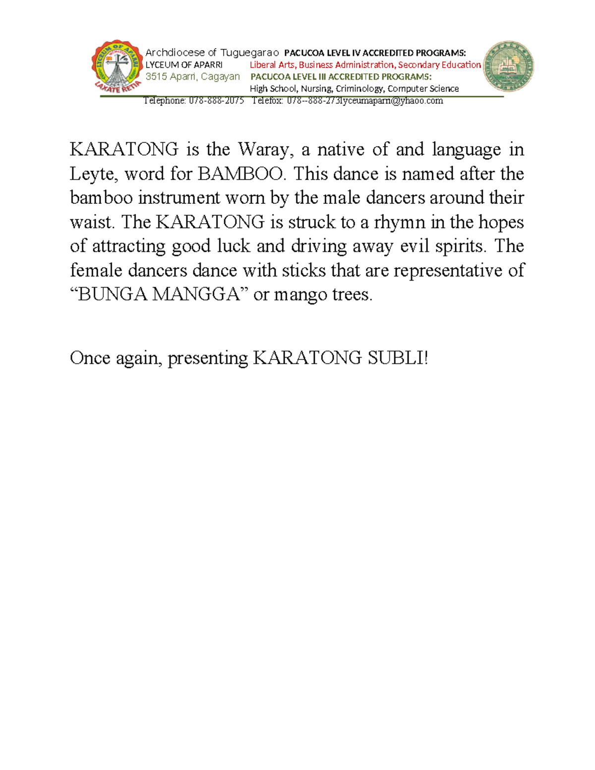 Karatong Subli Intro - Archdiocese of Tuguegarao PACUCOA LEVEL IV ...