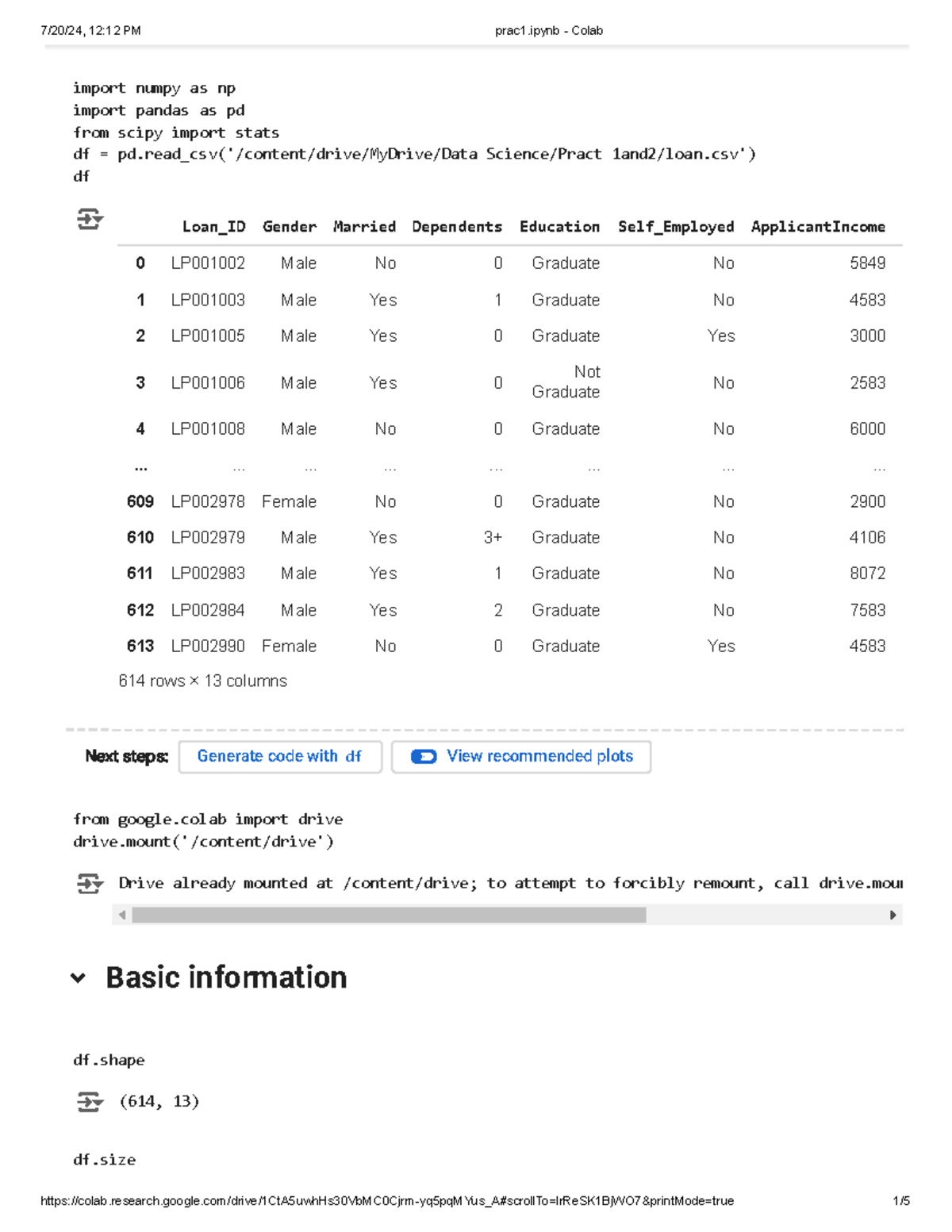 Prac1.ipynb - Colab - practical 1 - Next steps: Loan_ID Gender Married Dependents Education ...