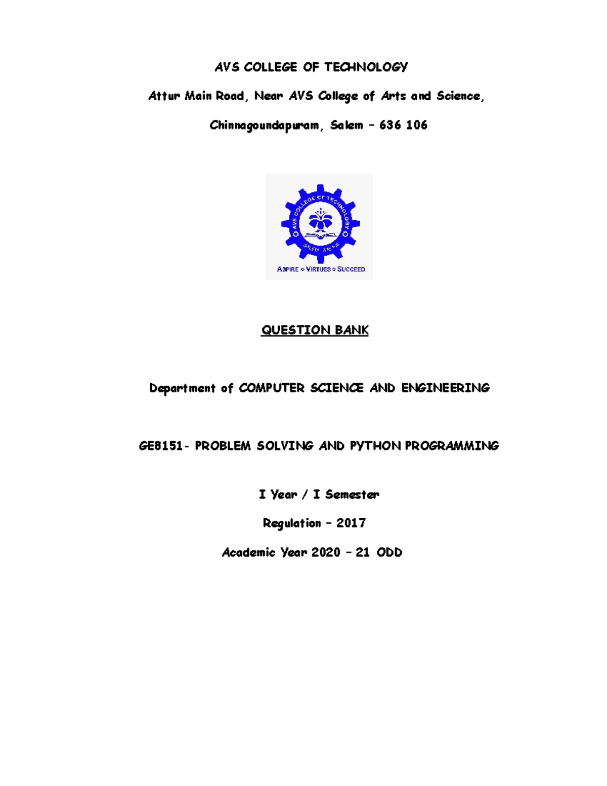 I Cse Ge8151 Pspp Qb Question Bank For Python Avs College Of Technology Attur Main Road 