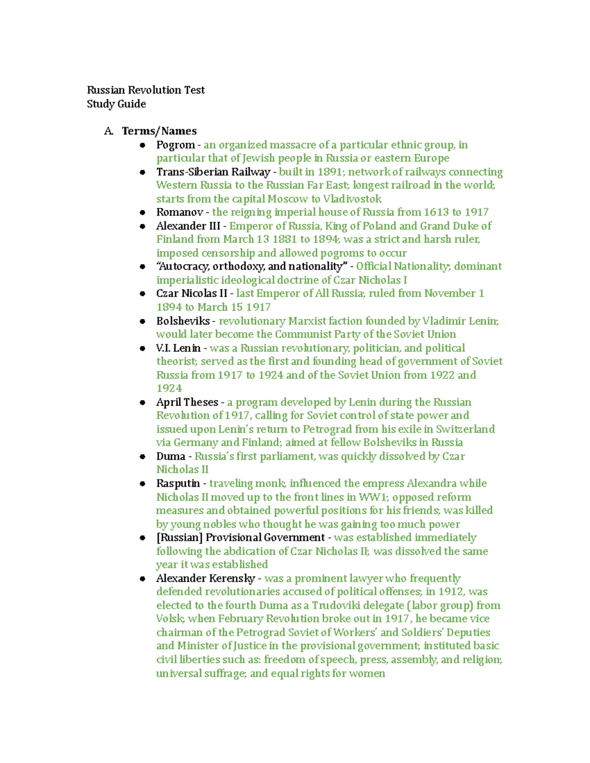 Russian Revolution Test Study Guide - Terms/Names Pogrom - an organized ...